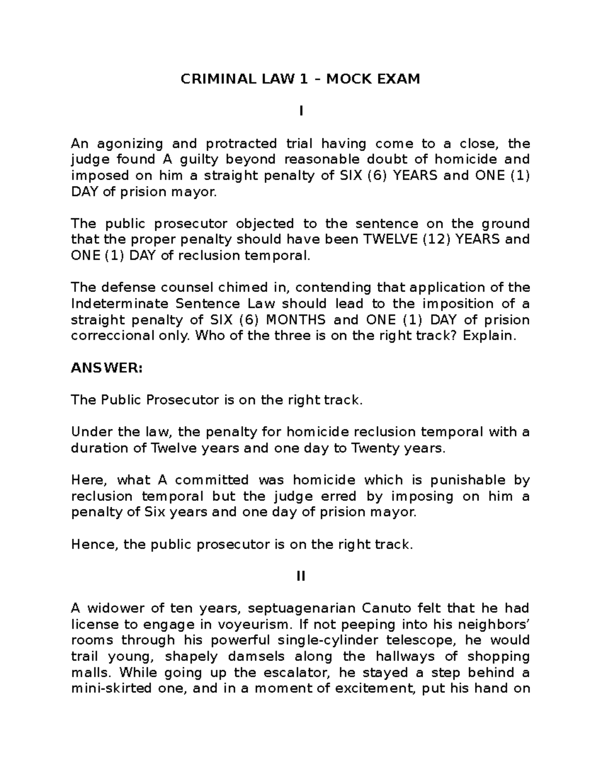 Criminal Law (Mock Exam) Analysis and Case Scenarios - Studocu