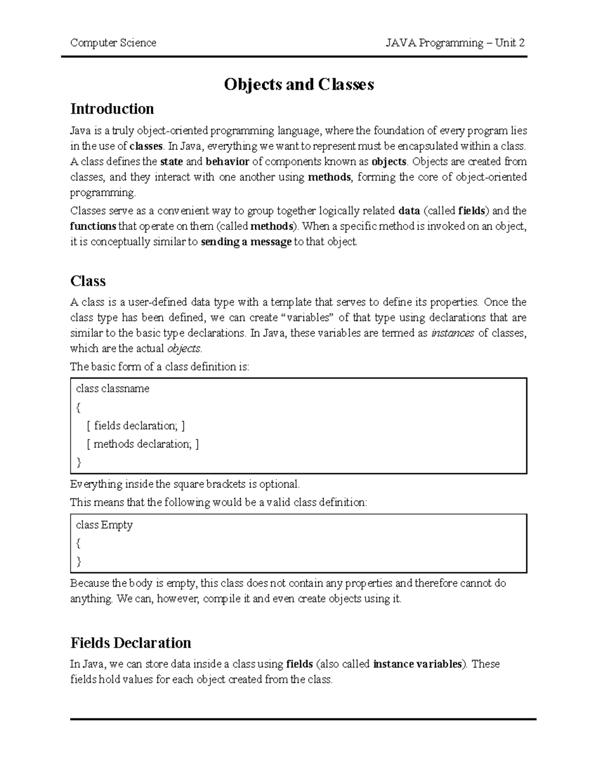 Computer Science JAVA Programming Unit 2: Objects & Classes Overview - Studocu