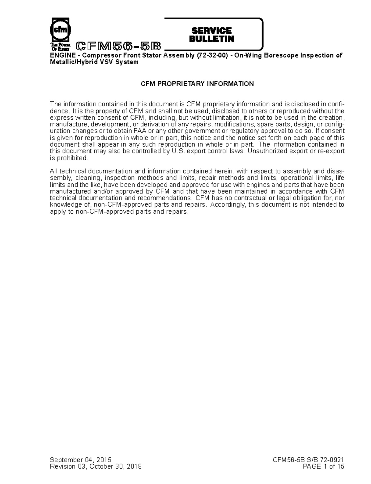 CFM56 5B SB REV 72-0921 TSN - Metallic/Hybrid VSV System CFM ...