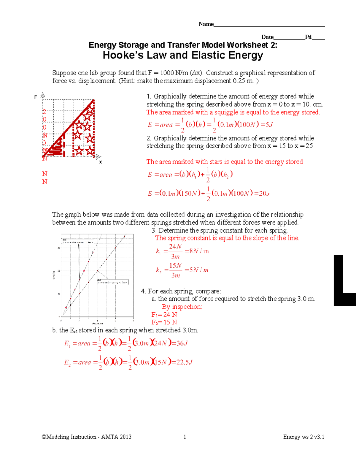 Energy Storage & Transfer Worksheet 2: Hooke's Law & Elastic Energy ...