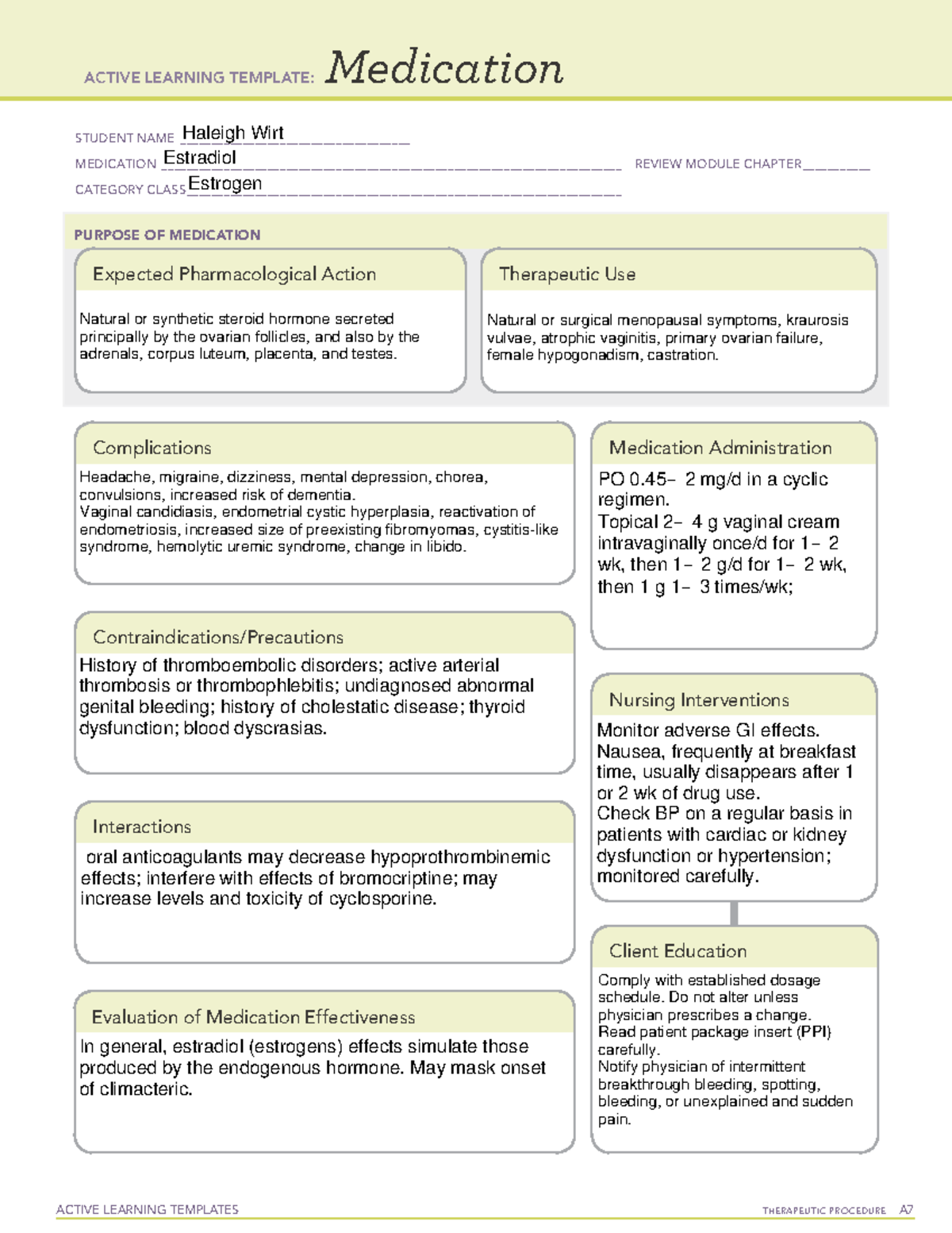 Estradiol Medication Overview: Active Learning Template A - Studocu
