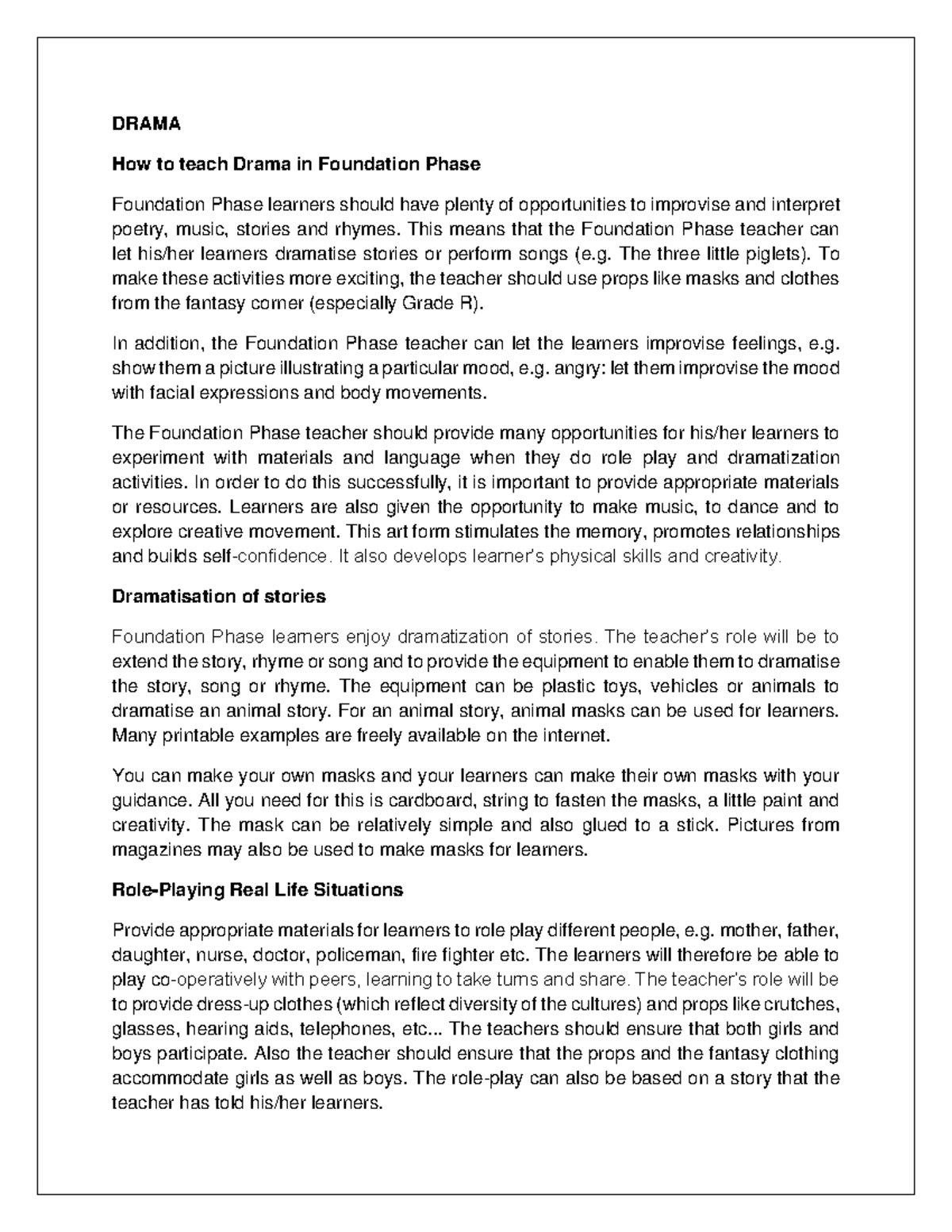 Teaching Drama in the Foundation Phase: Strategies & Activities - Studocu