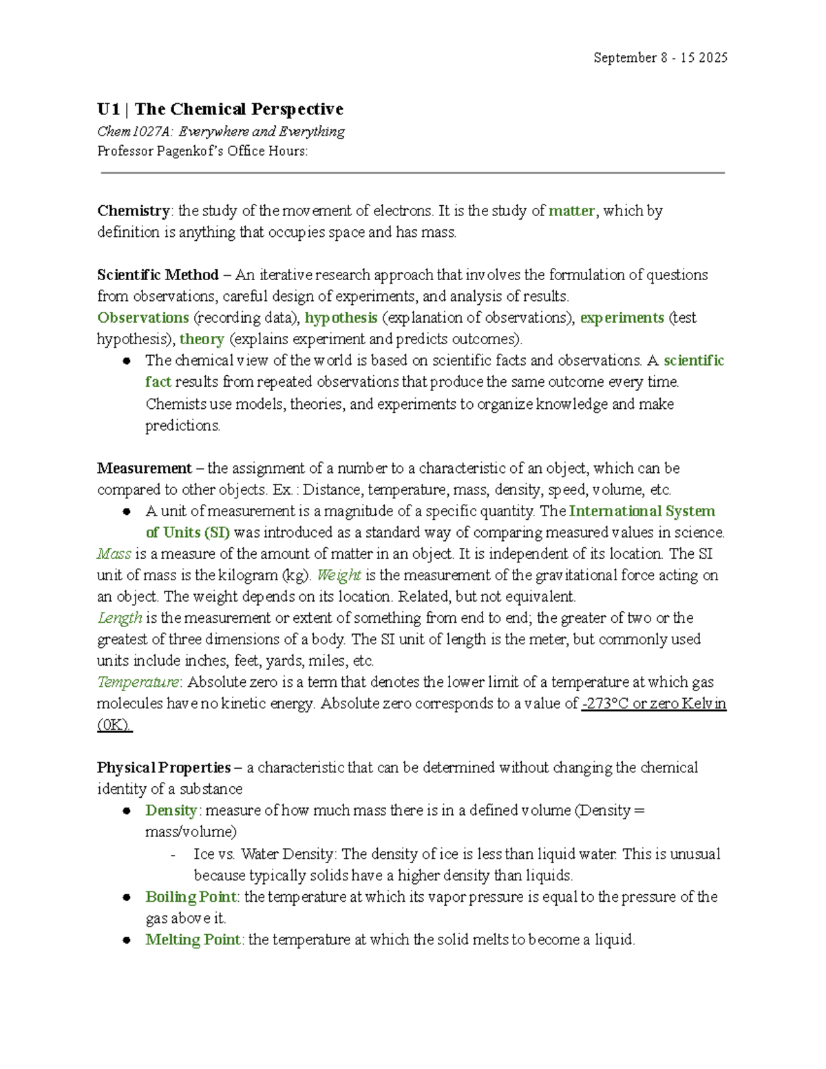 Chem1027A: U1 The Chemical Perspective Lecture Notes - Studocu