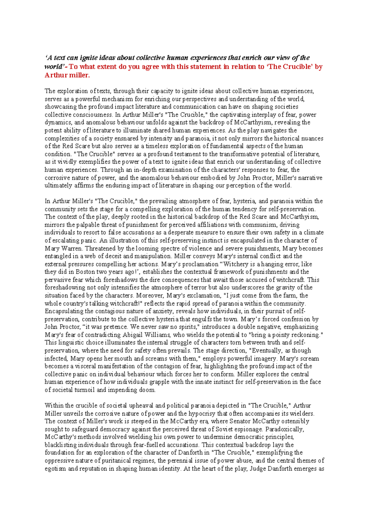 The Crucible Human Experience essay - ‘A text can ignite ideas about ...