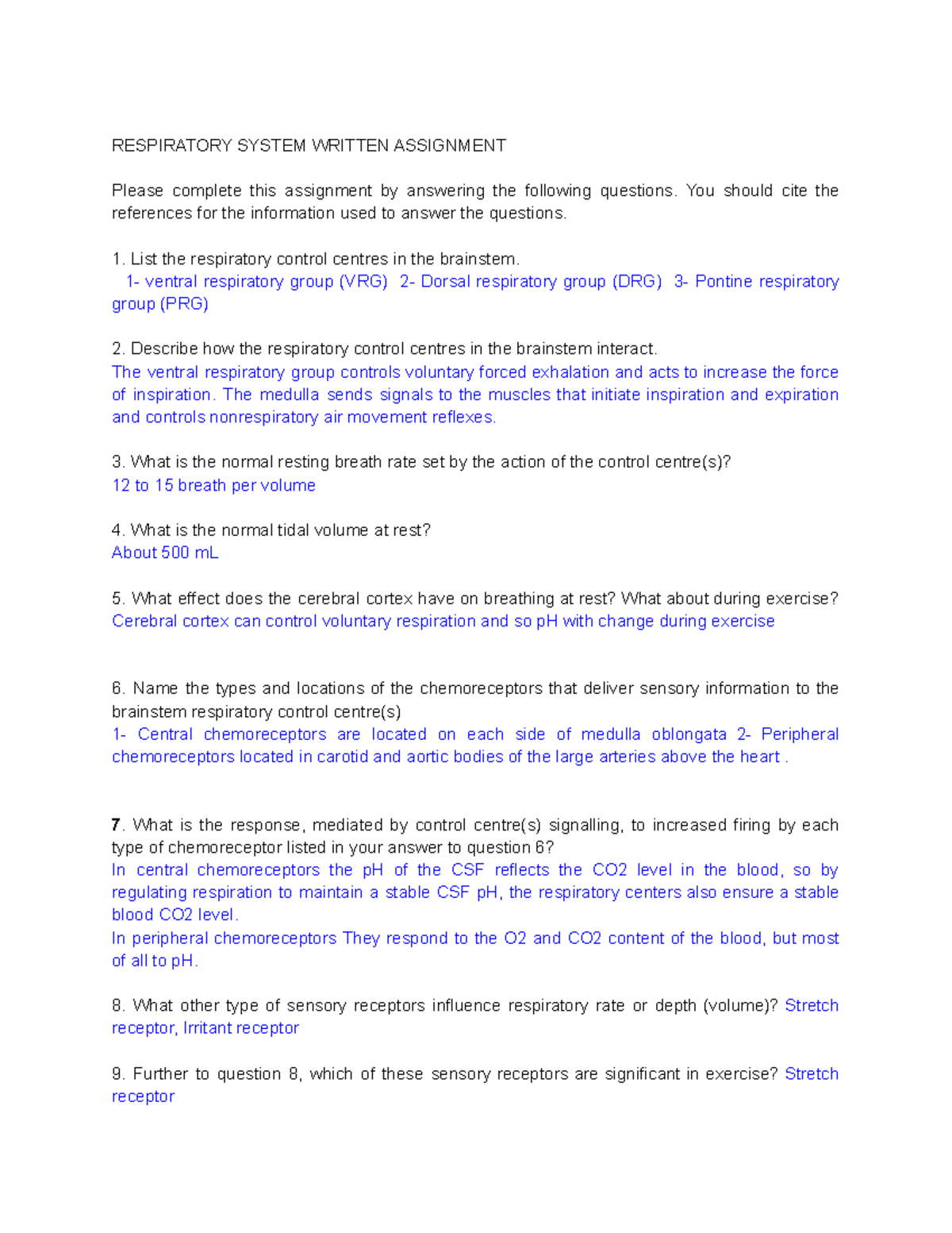 Respiratory System Assignment - Answer Key & Homework Guide - Studocu