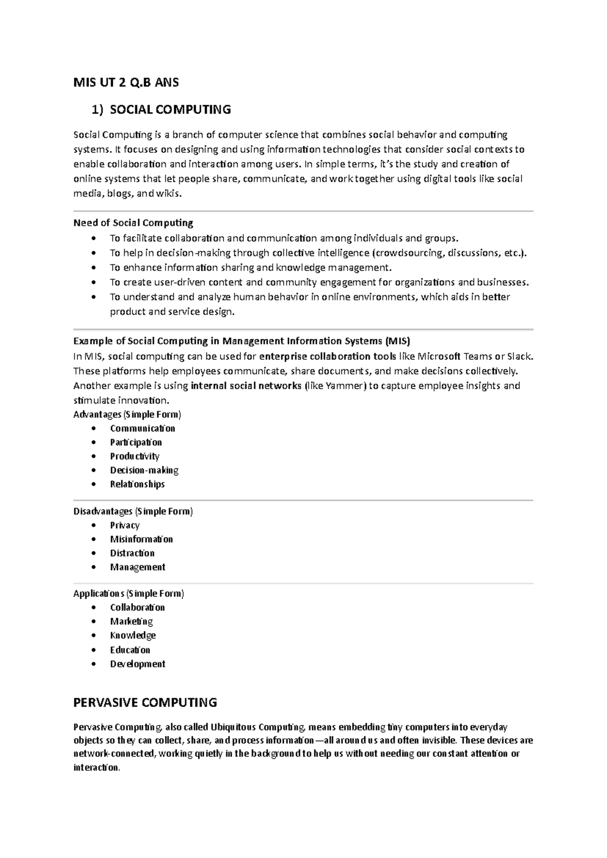 MIS UT 2 QB ANS - Social Computing, Pervasive Computing & Cloud ...