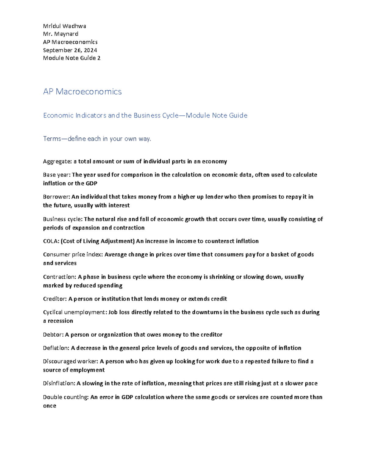 AP Macroeconomics Module Note Guide: Economic Indicators & Business ...