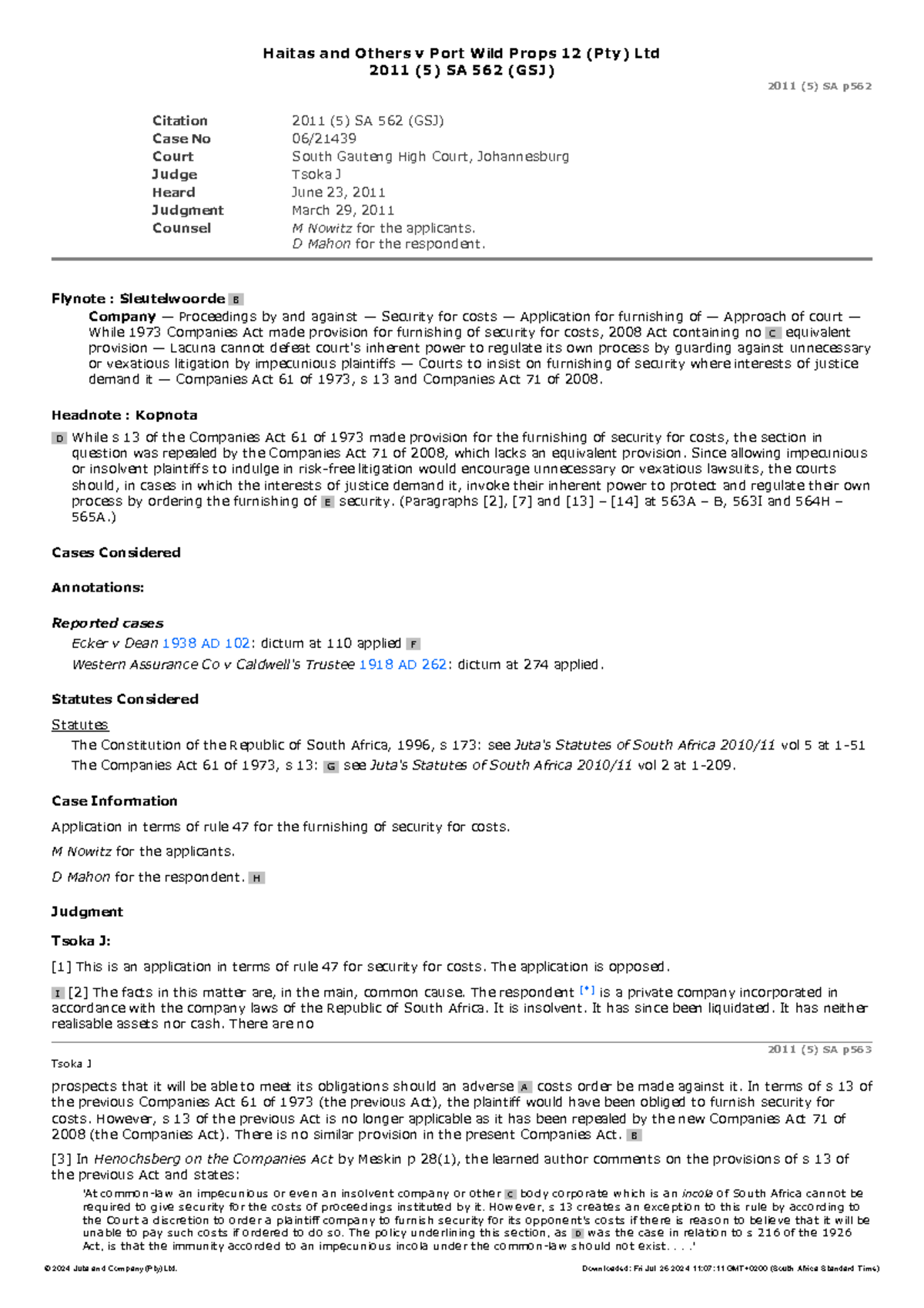 Haitas & Others v Port Wild Props 12 (Pty) Ltd - Security for Costs ...