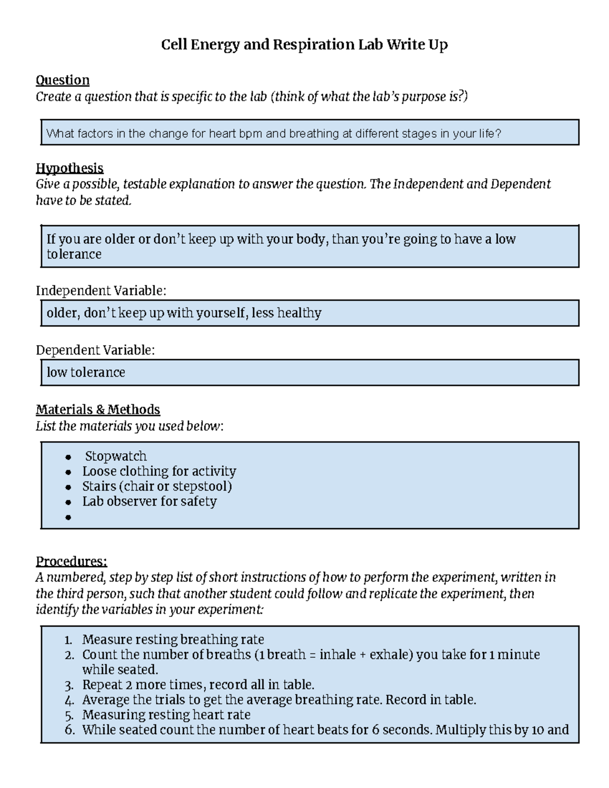 Cell Energy and Respiration Lab Write Up.docx - Cell Energy and ...