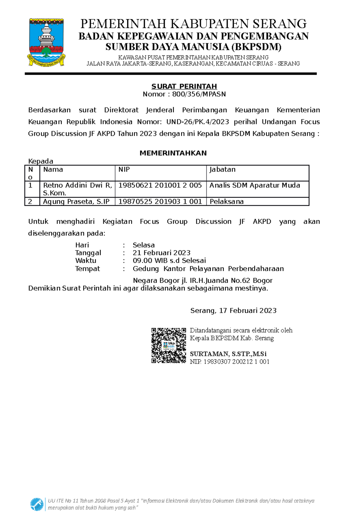 Contoh Surat Perintah Tugas FGD JF AKPD 2023 dari BKPSDM Serang - Studocu