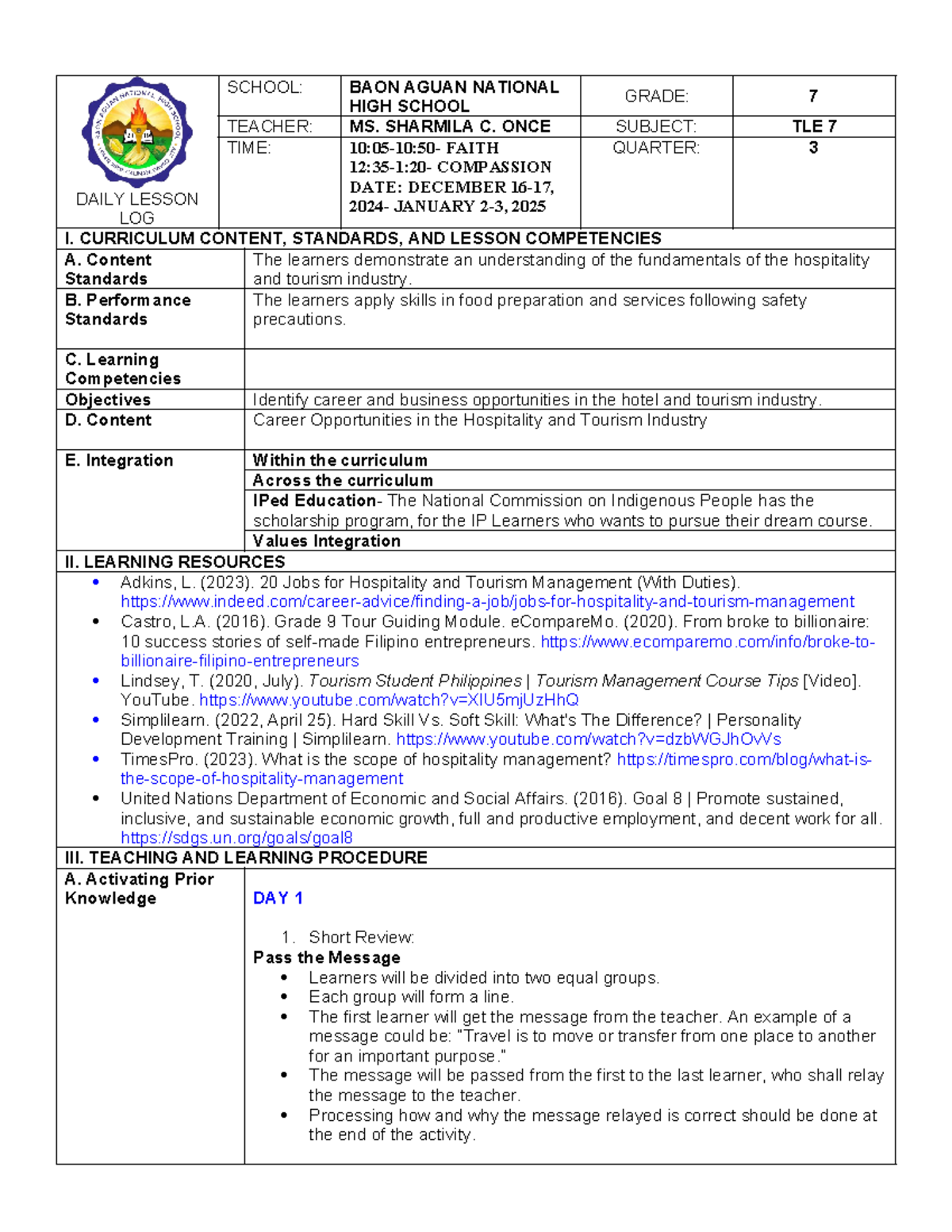 TLE Matatag WEEK 2 - TLE LESSON PLAN - DAILY LESSON LOG SCHOOL: BAON ...