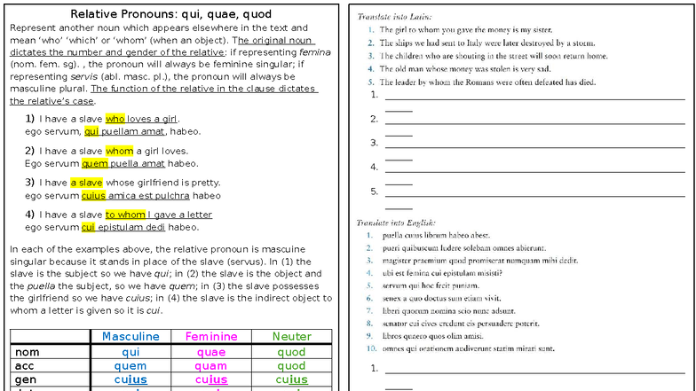 Worksheet - Relative Pronouns Basics (Latin 101) - Studocu