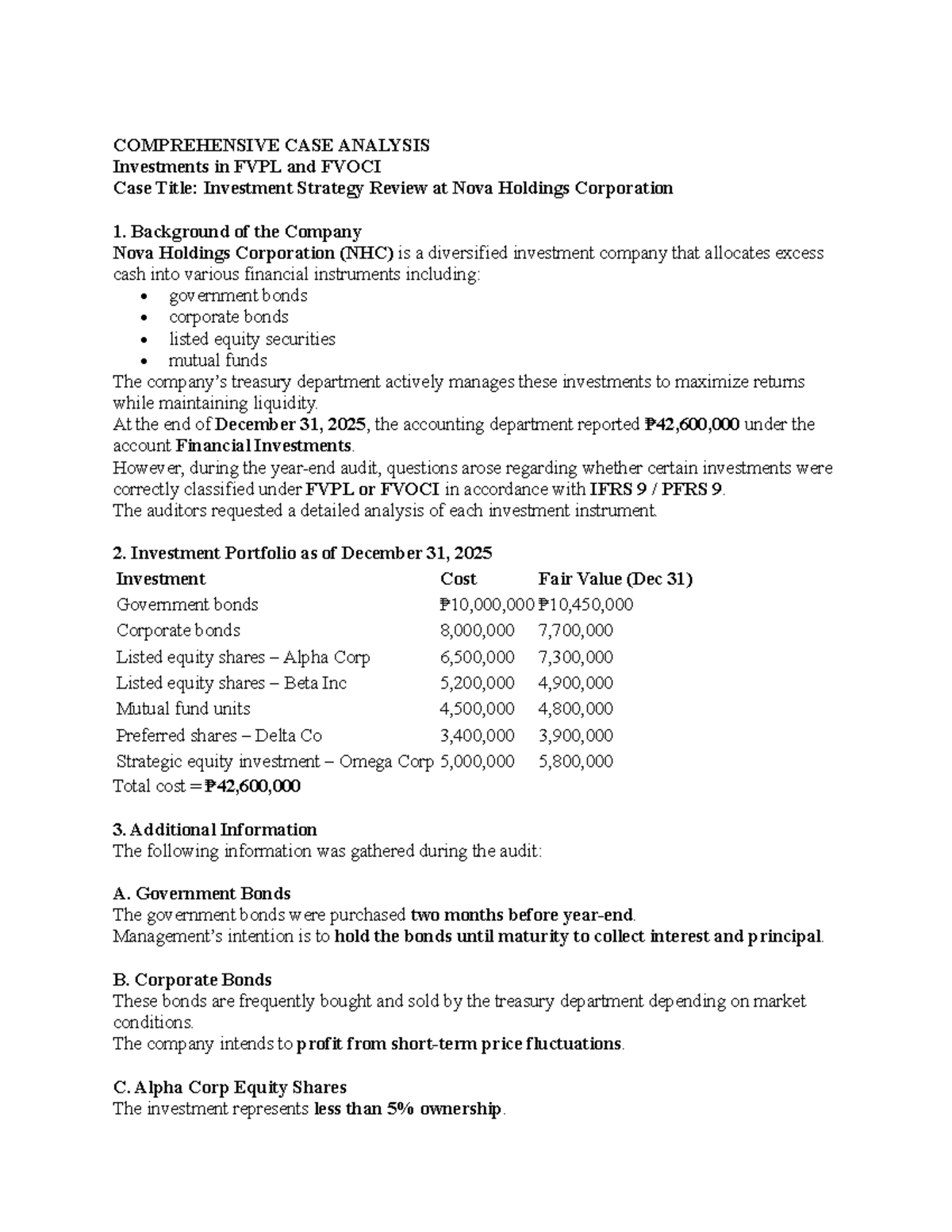 Investments - Group Case Analysis: FVPL vs FVOCI at Nova Holdings - Studocu