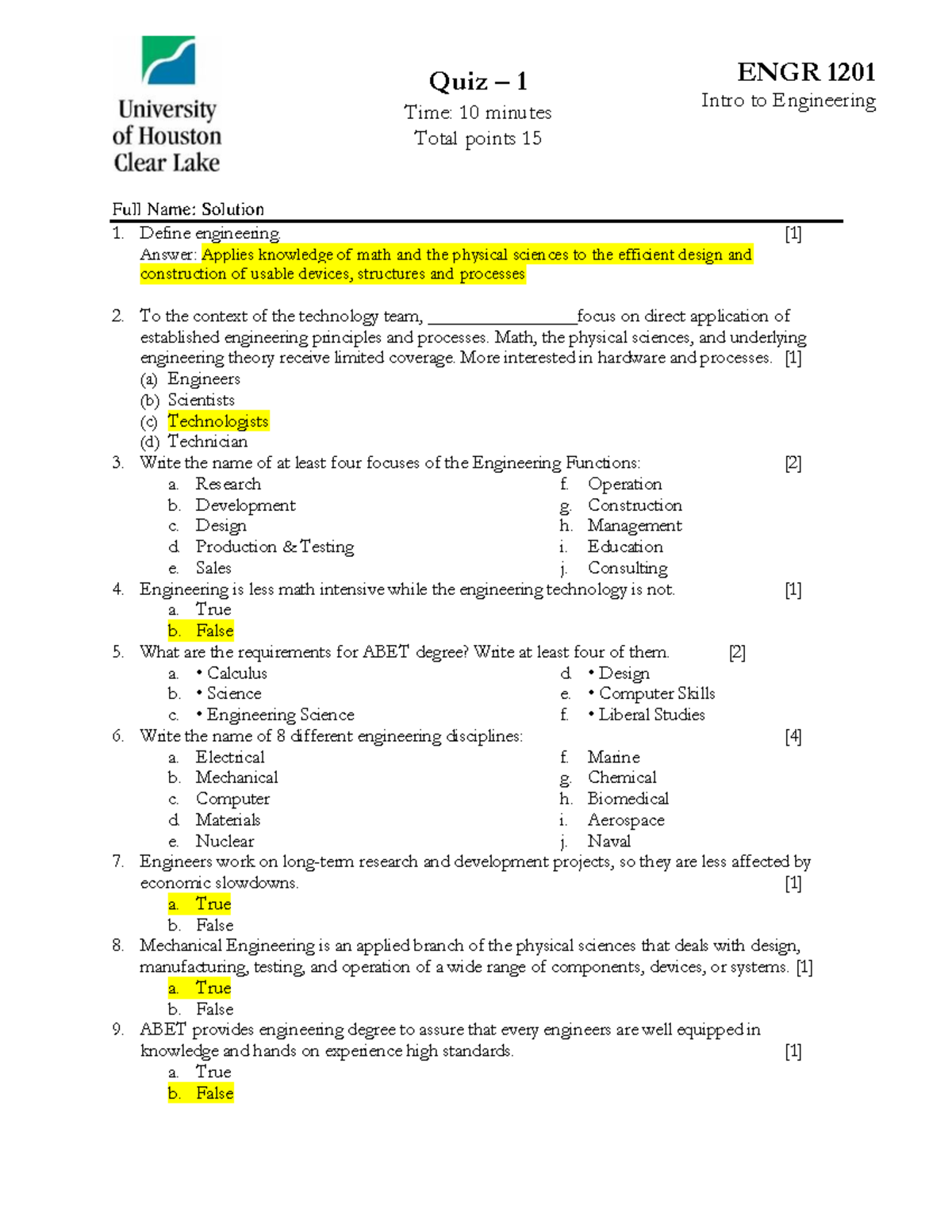 ENGR 1201 Intro to Engineering Quiz 1 Solutions and Key Concepts - Studocu