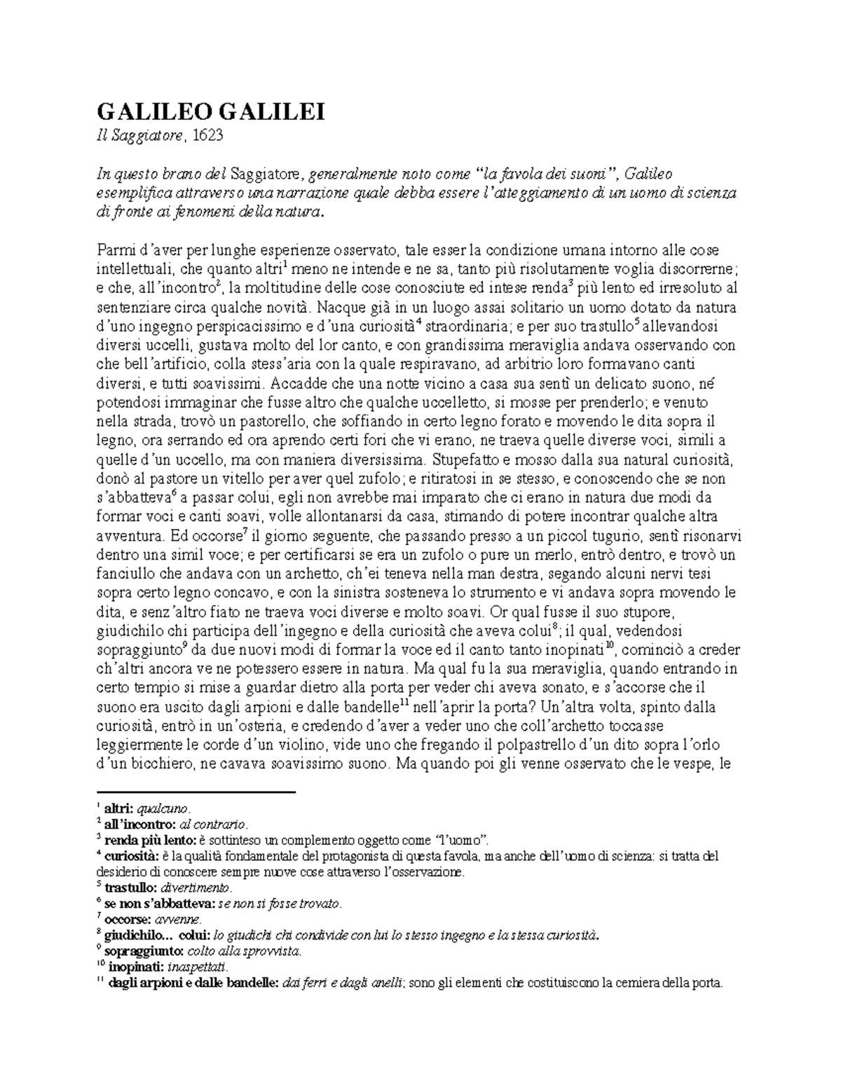 GALILEO GALILEI: La Favola dei Suoni nel Saggiatore (1623) - Studocu