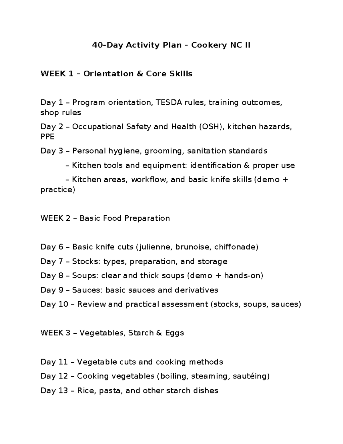 Activity Plan for Cookery NC II: 40-Day Program Overview - Studocu