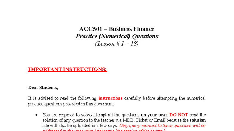 Practice Numerical Questions (Lesson 1-18) - ACC501 – Business Finance ...