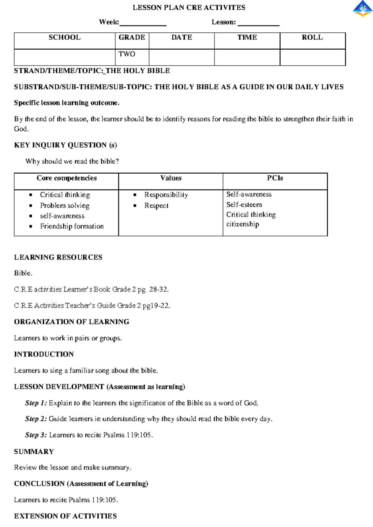 Grade 2 C.R.E Lesson Plans: The Holy Bible as Our Guide - Studocu