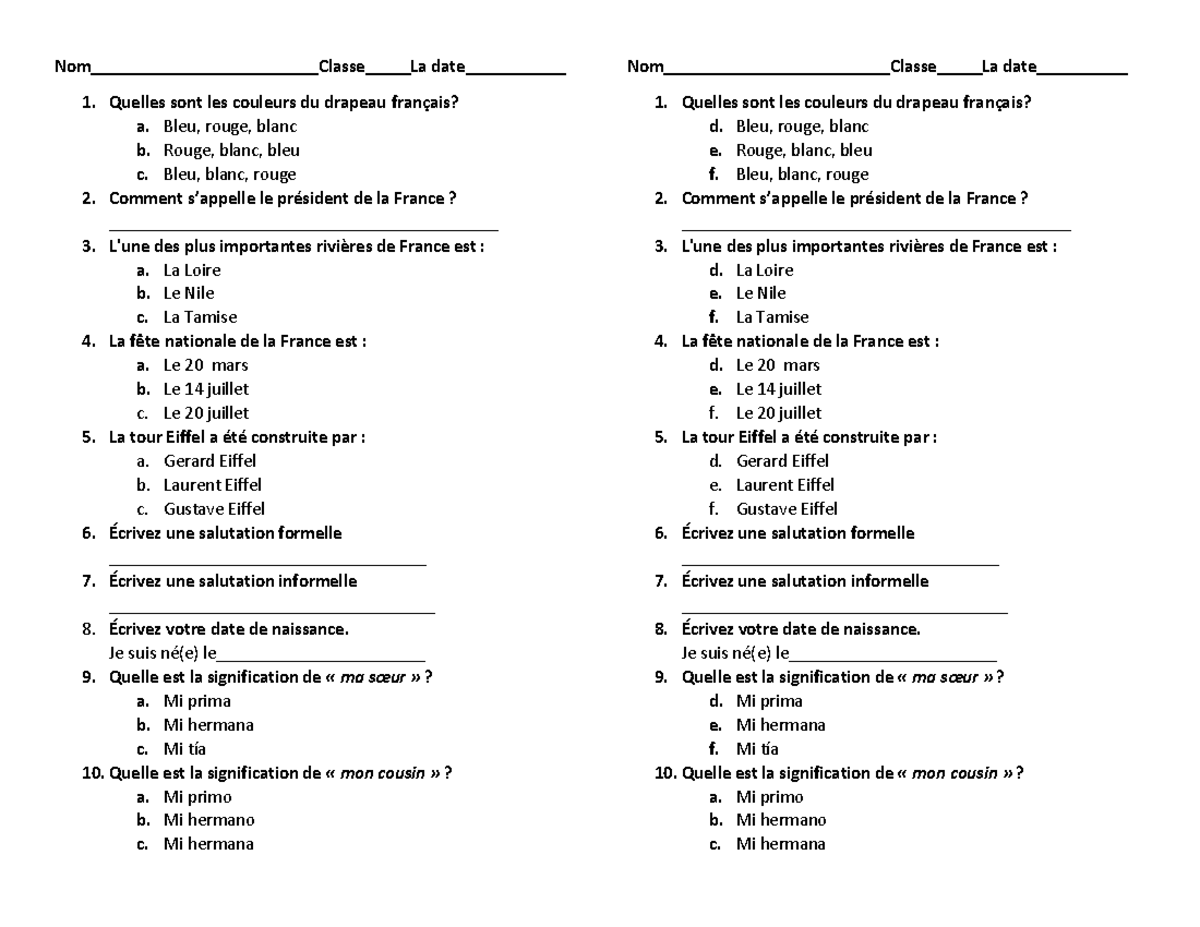 Quiz de français (FR101) - Questions de culture et vocabulaire ...