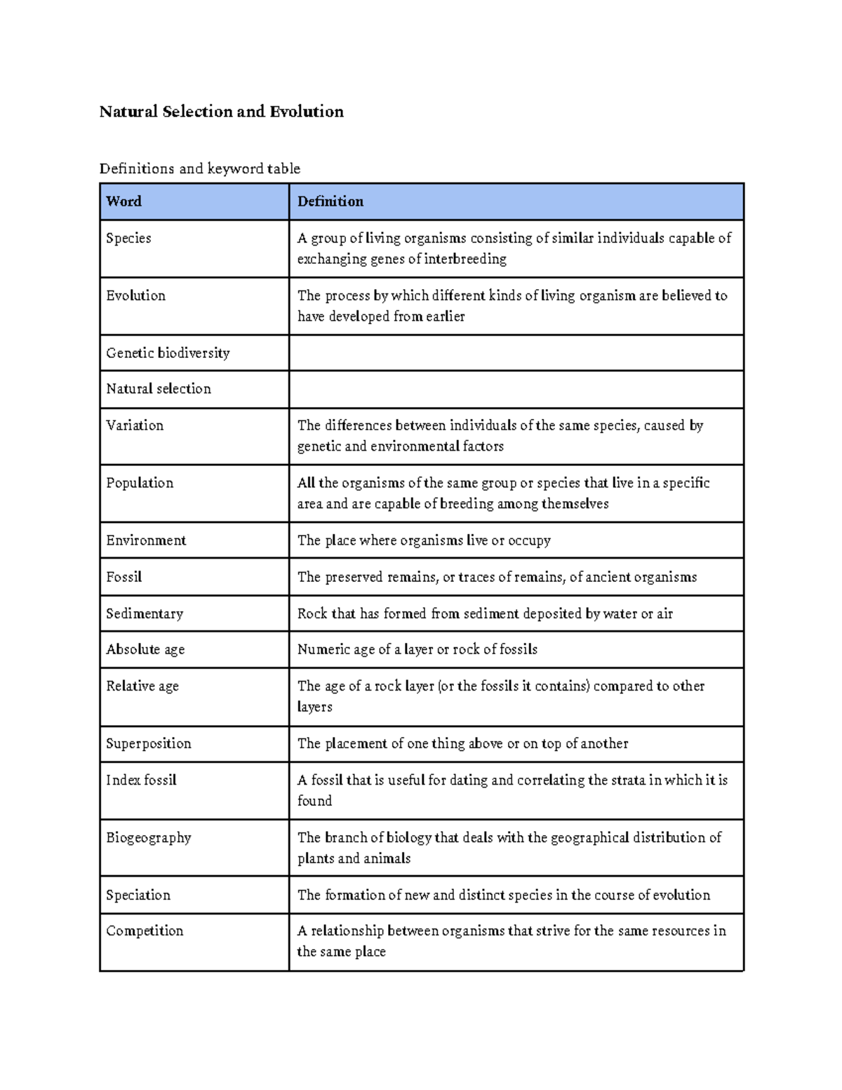 Revision Notes - Natural Selection and Evolution (BIO 101) - Studocu