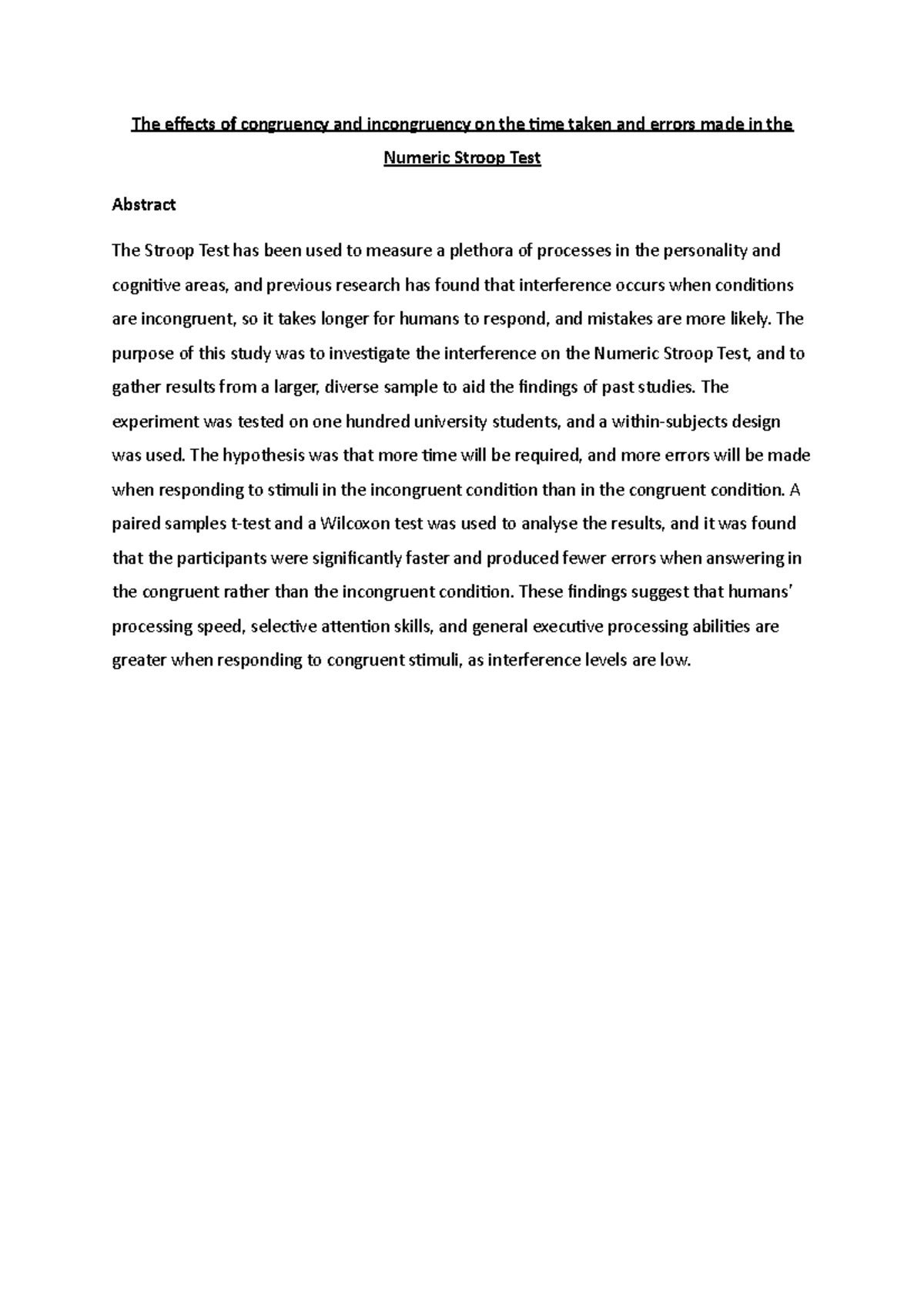 Report Assessment - The effects of congruency and incongruency on the ...