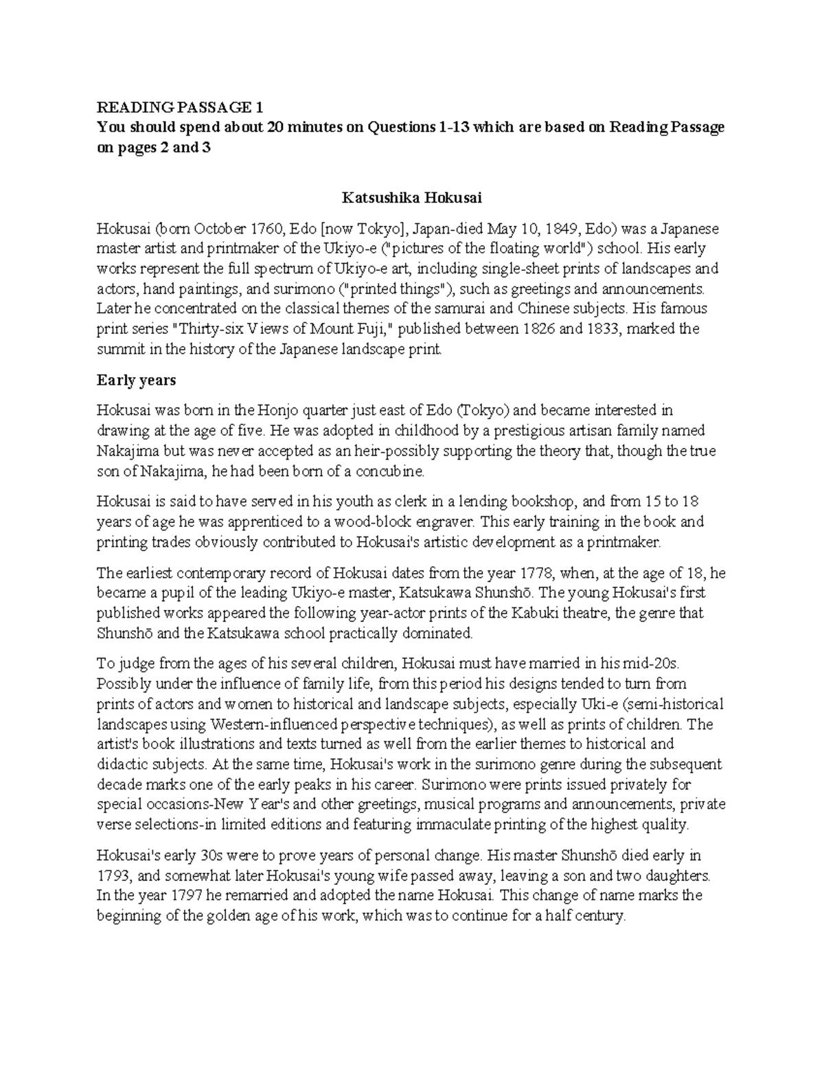 Katsushika Hokusai - IELTS Reading Passage 1 Summary Notes - Studocu