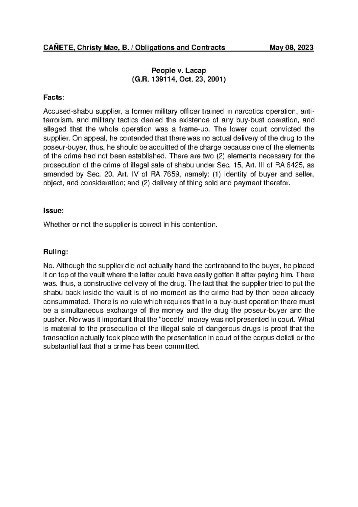 CAÑETE, Christy Mae, B. CD3 Case Digest: People v. Lacap (G.R. 139114 ...