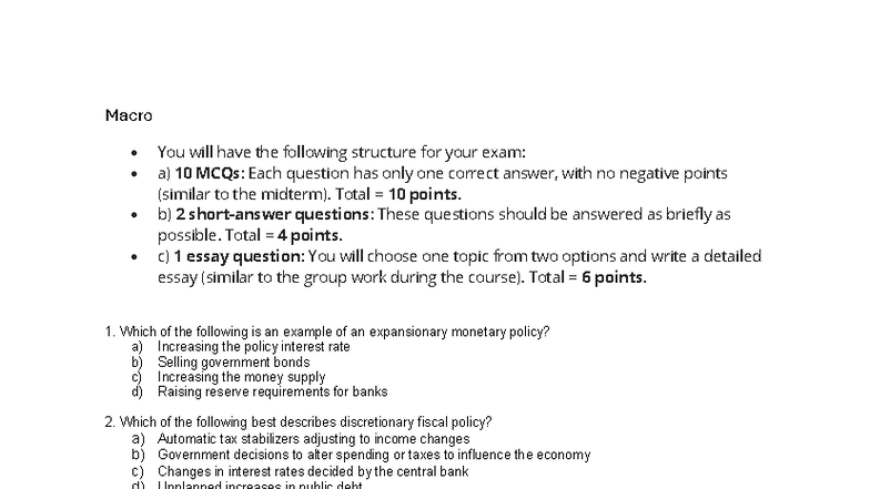 Macro 101 Final Exam Mock: Structure & Sample Questions - Studocu