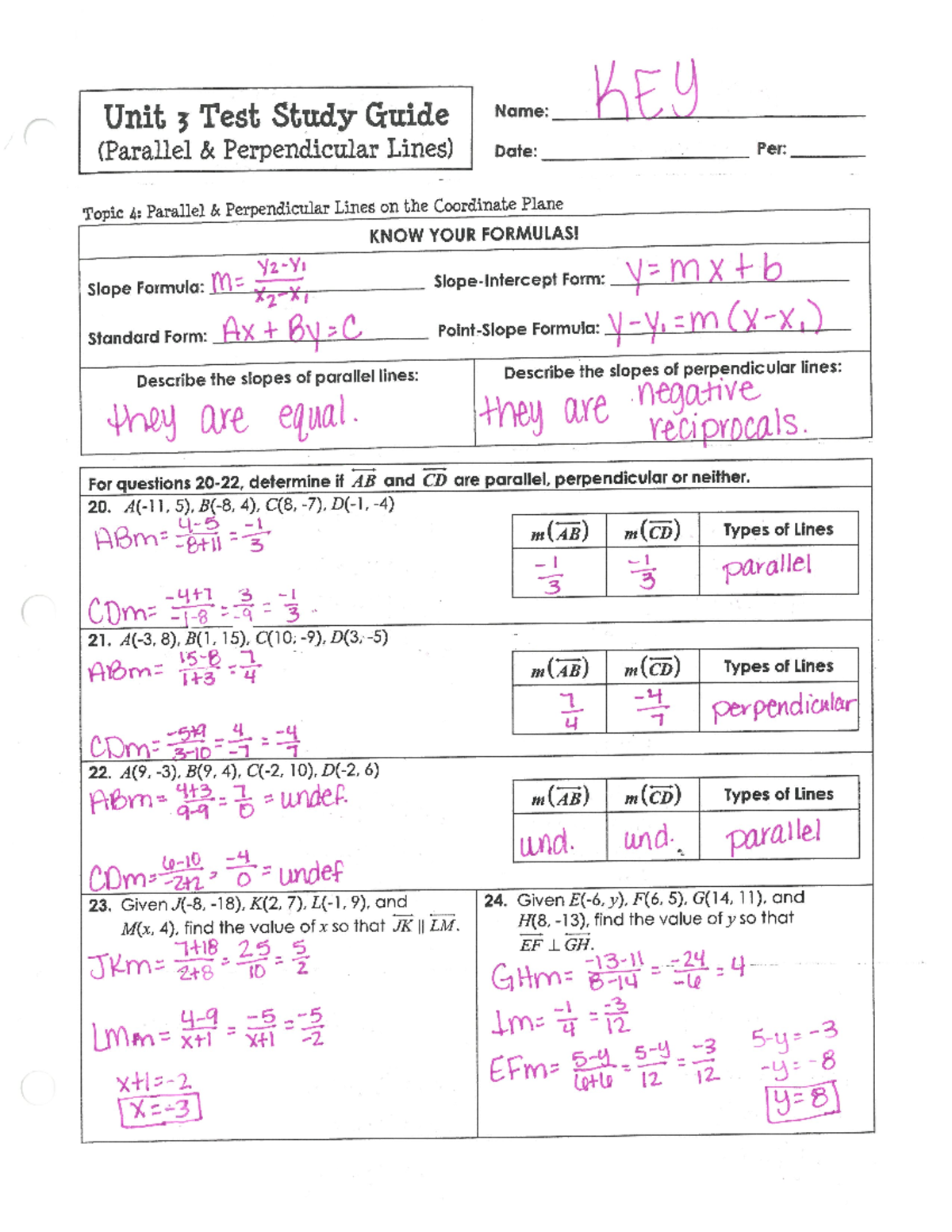 Unit 3 Test Study Guide: Key on Parallel & Perpendicular Lines - Studocu