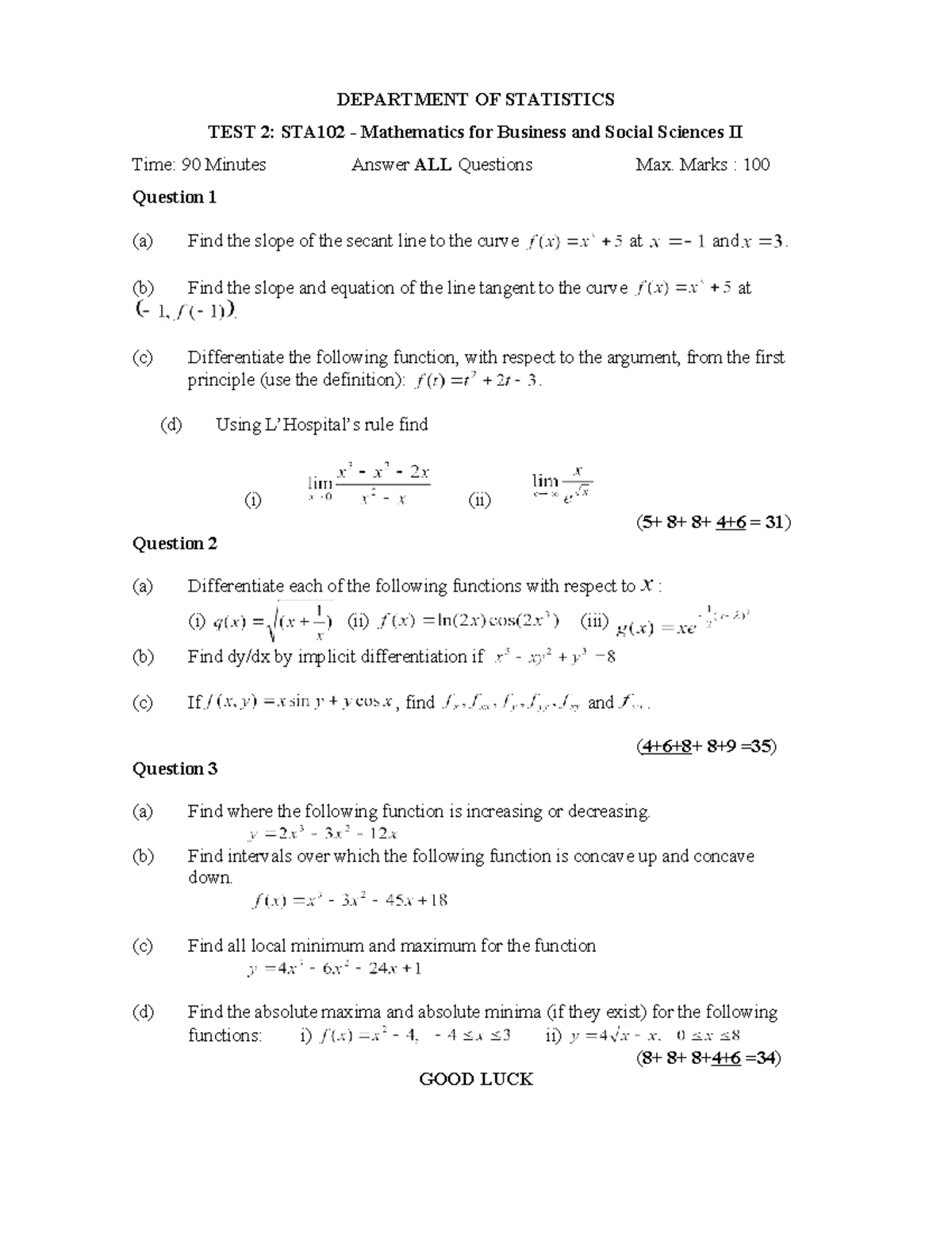 STA102 Test 2: Mathematics for Business & Social Sciences II Practice ...