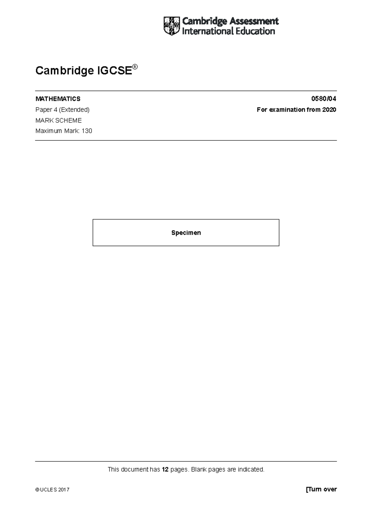 Cambridge IGCSE Maths 0580/ Paper 4 Extended Mark Scheme 2020 - Studocu