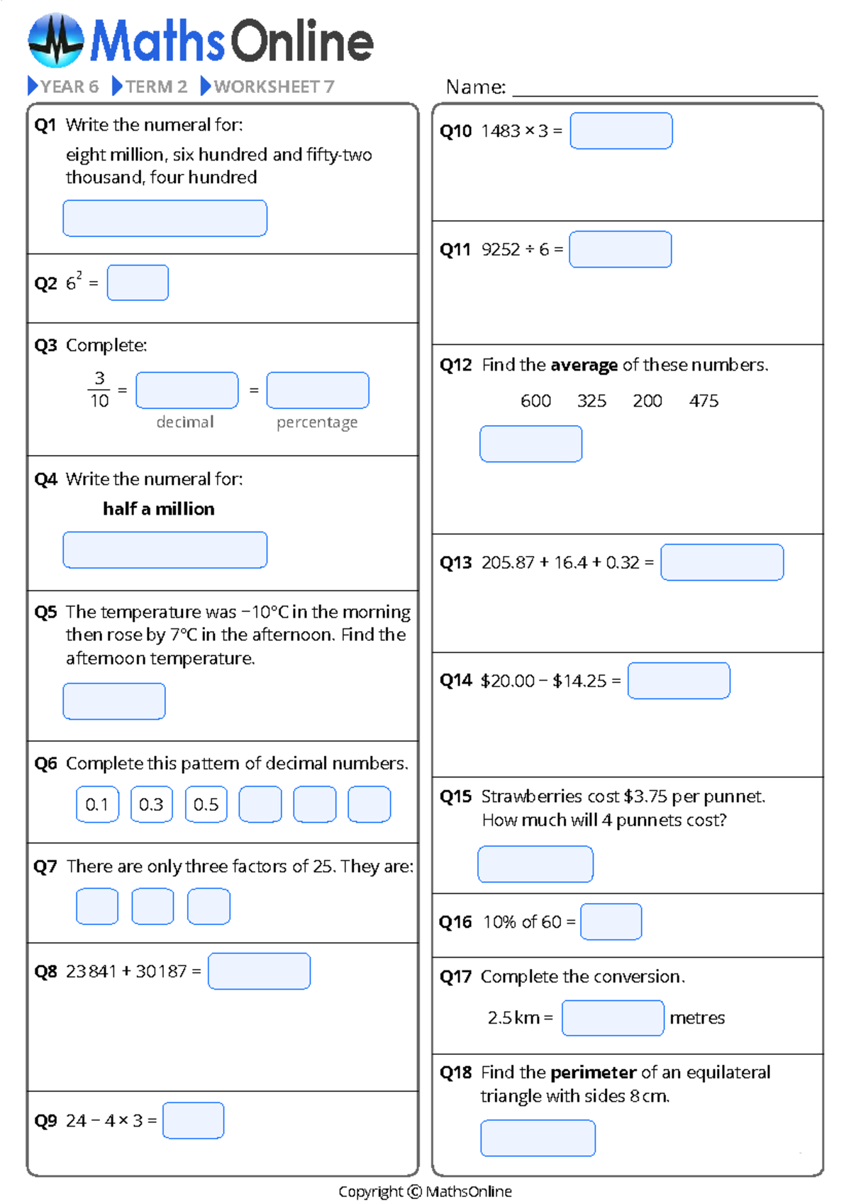 MathsOnline YEAR 6 TERM 2 WORKSHEET 7 Study Material - Studocu