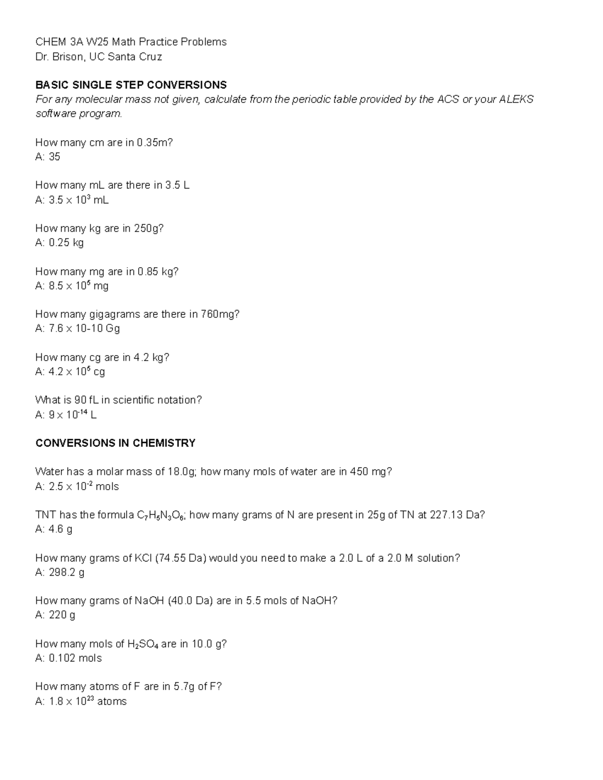 CHEM 3A W25 Math Practice Problems with Solutions by Dr. Brison - CHEM ...