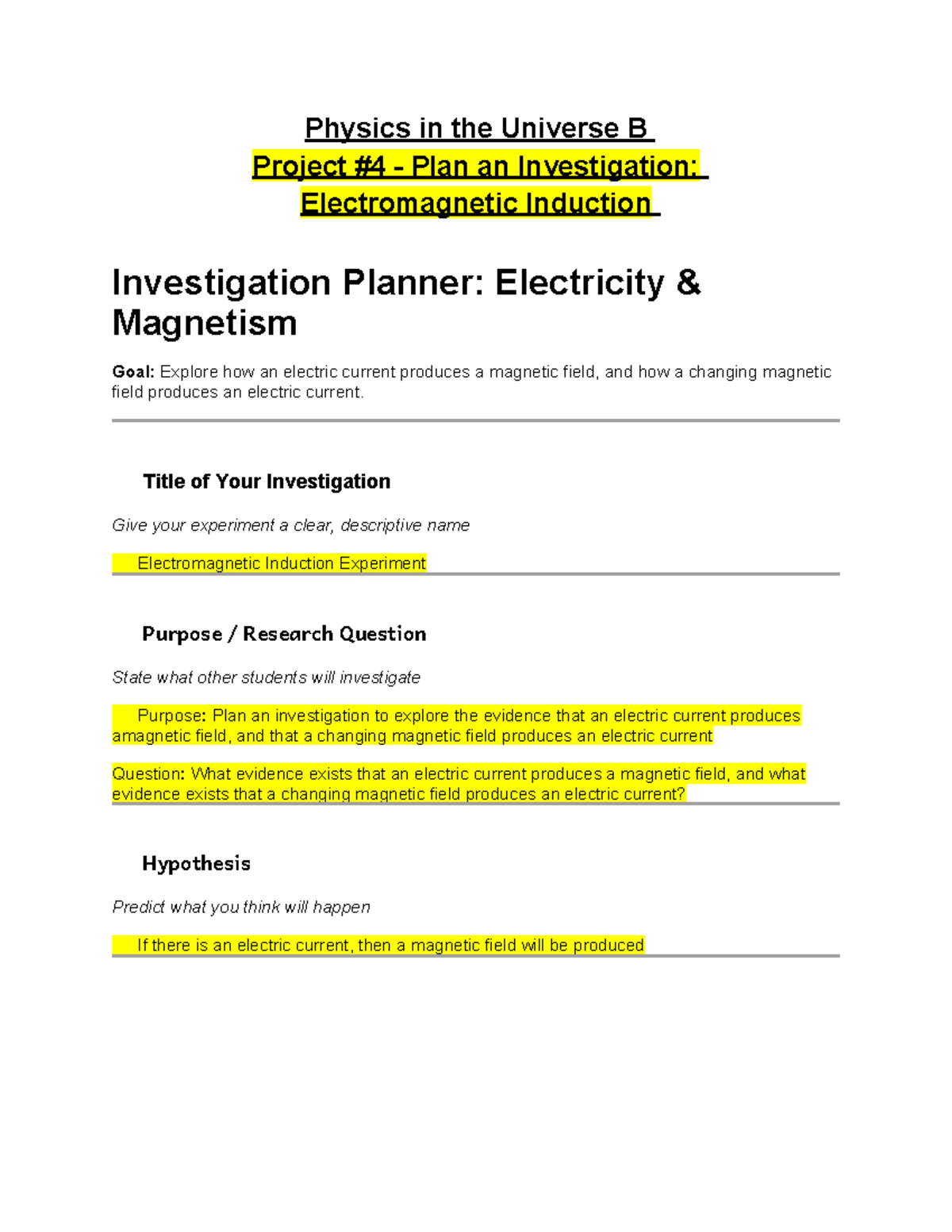 Physics B Project Plan: Electromagnetic Induction Investigation - Studocu