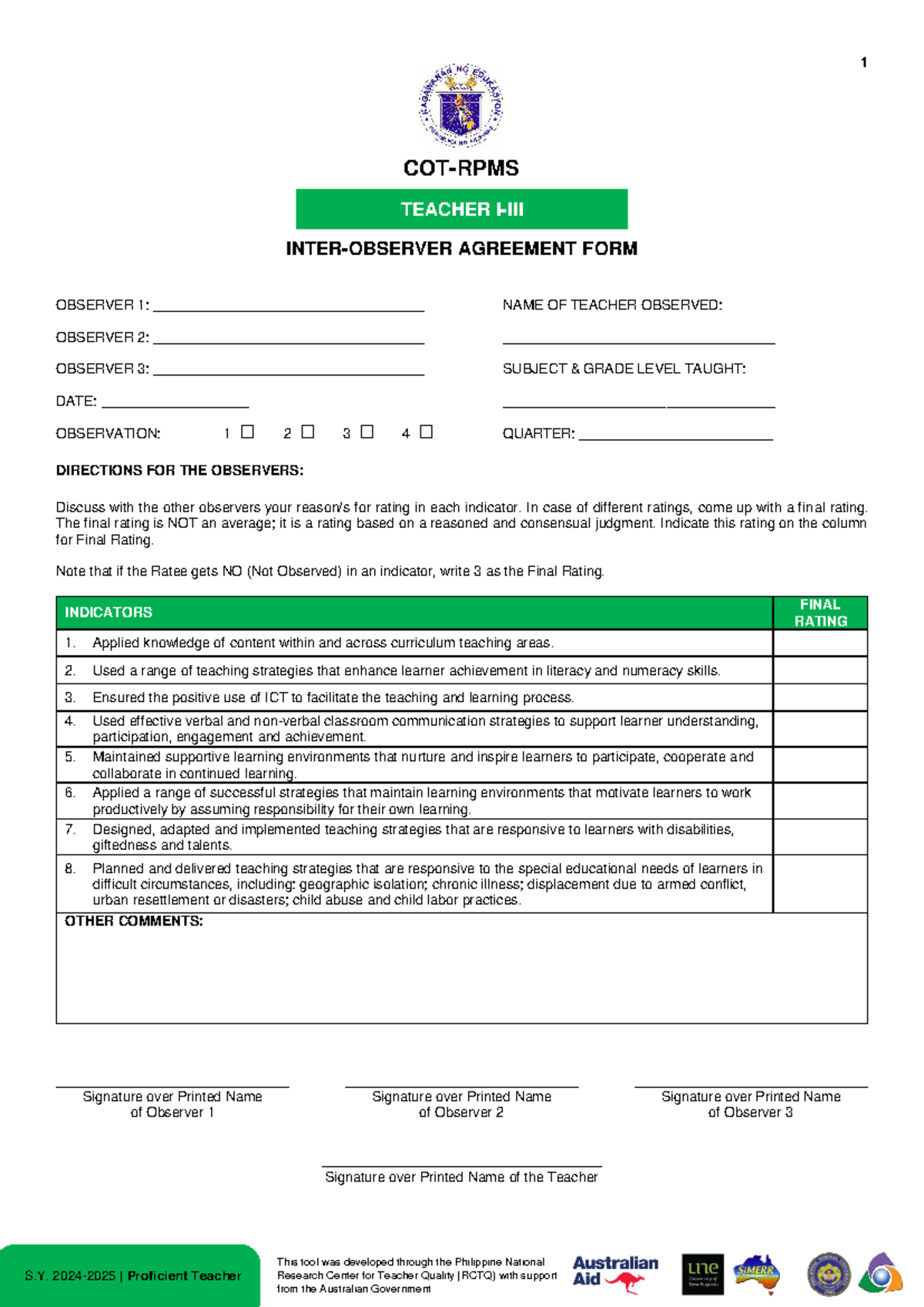 COT-RPMS Inter-Observer Agreement Form for T I-III SY 2024-2025 - Studocu