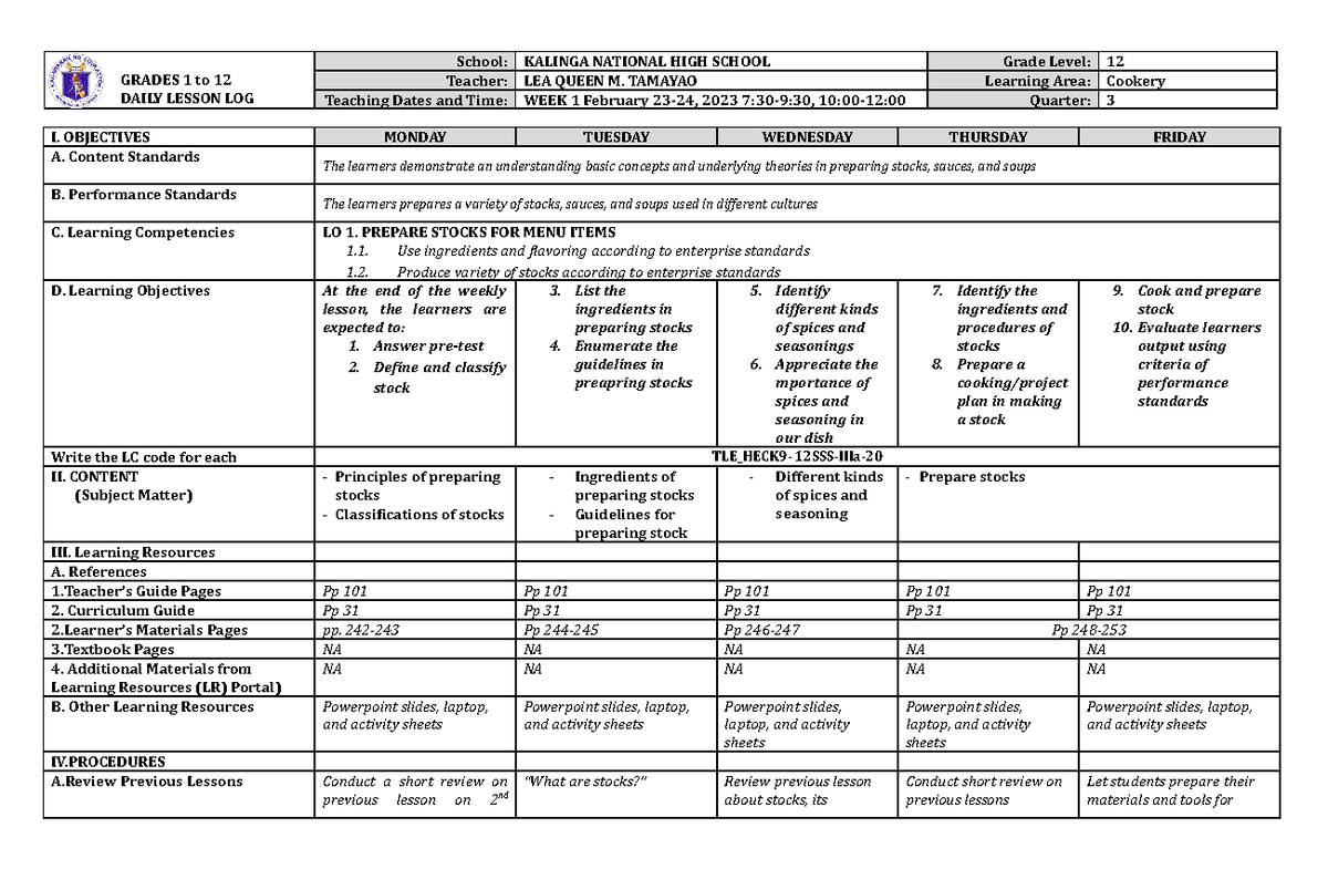 3rd Quarter Daily Lesson Log: Cookery (Grades 1-12) - Studocu