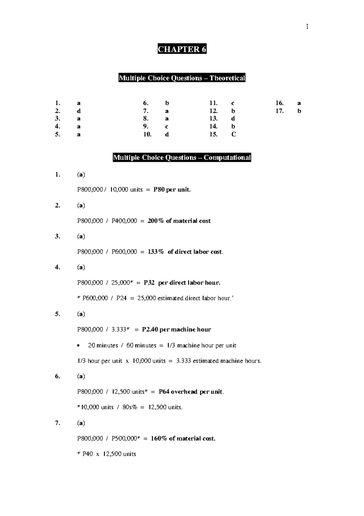 Chapter 6 - Cost Accounting Solutions: MCQ & Problems Analysis - Studocu