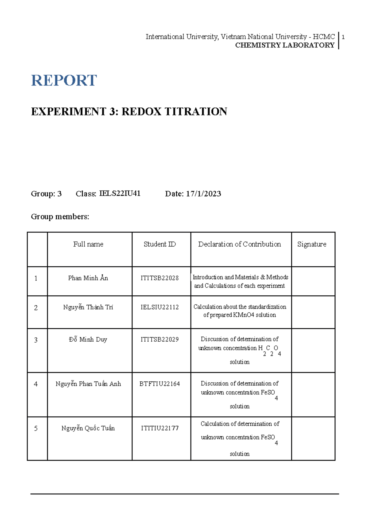 Report 3 group 3 - CHEMISTRY LABORATORY REPORT EXPERIMENT 3: REDOX ...