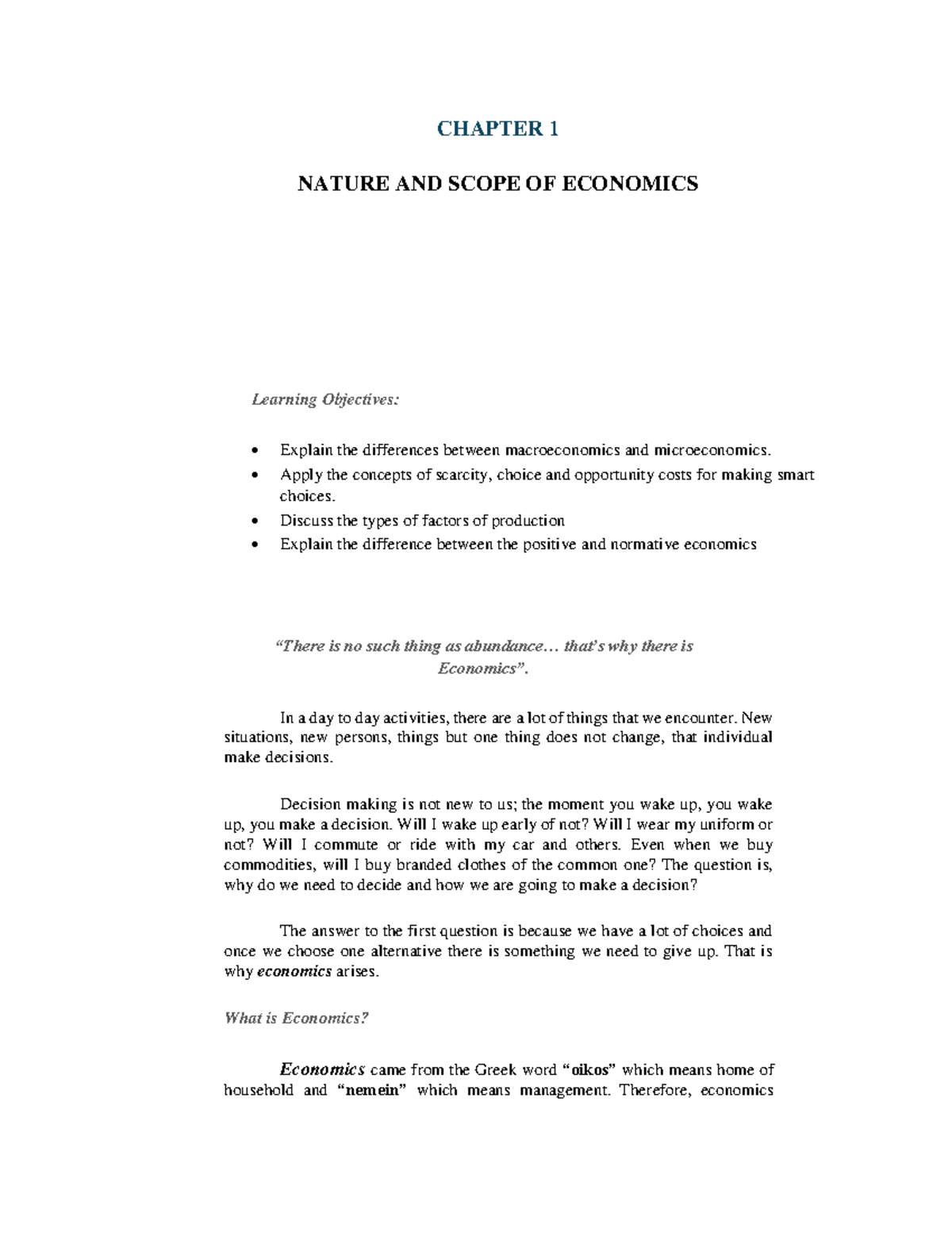 BME-Lesson-1 - BASIC MICRO ECONOMICS - CHAPTER 1 NATURE AND SCOPE OF ...