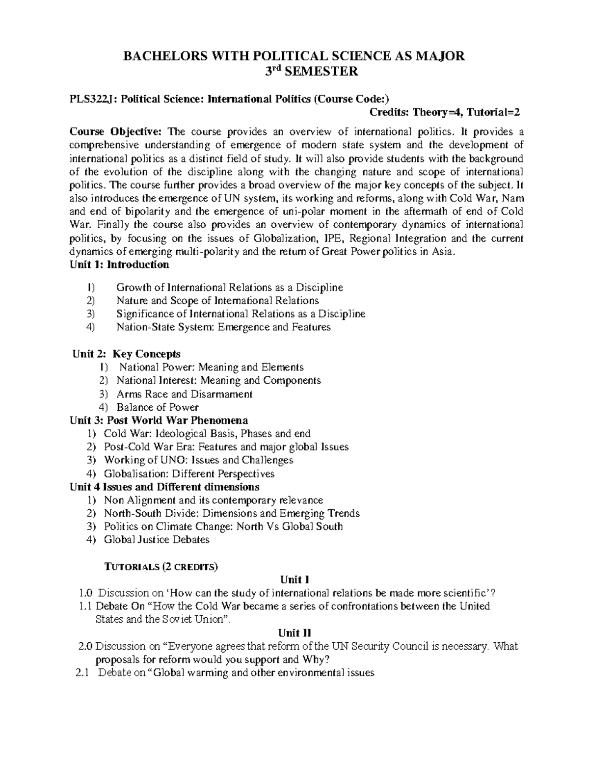 10212 - 3rd Semester Syllabus: Political Science International Politics ...