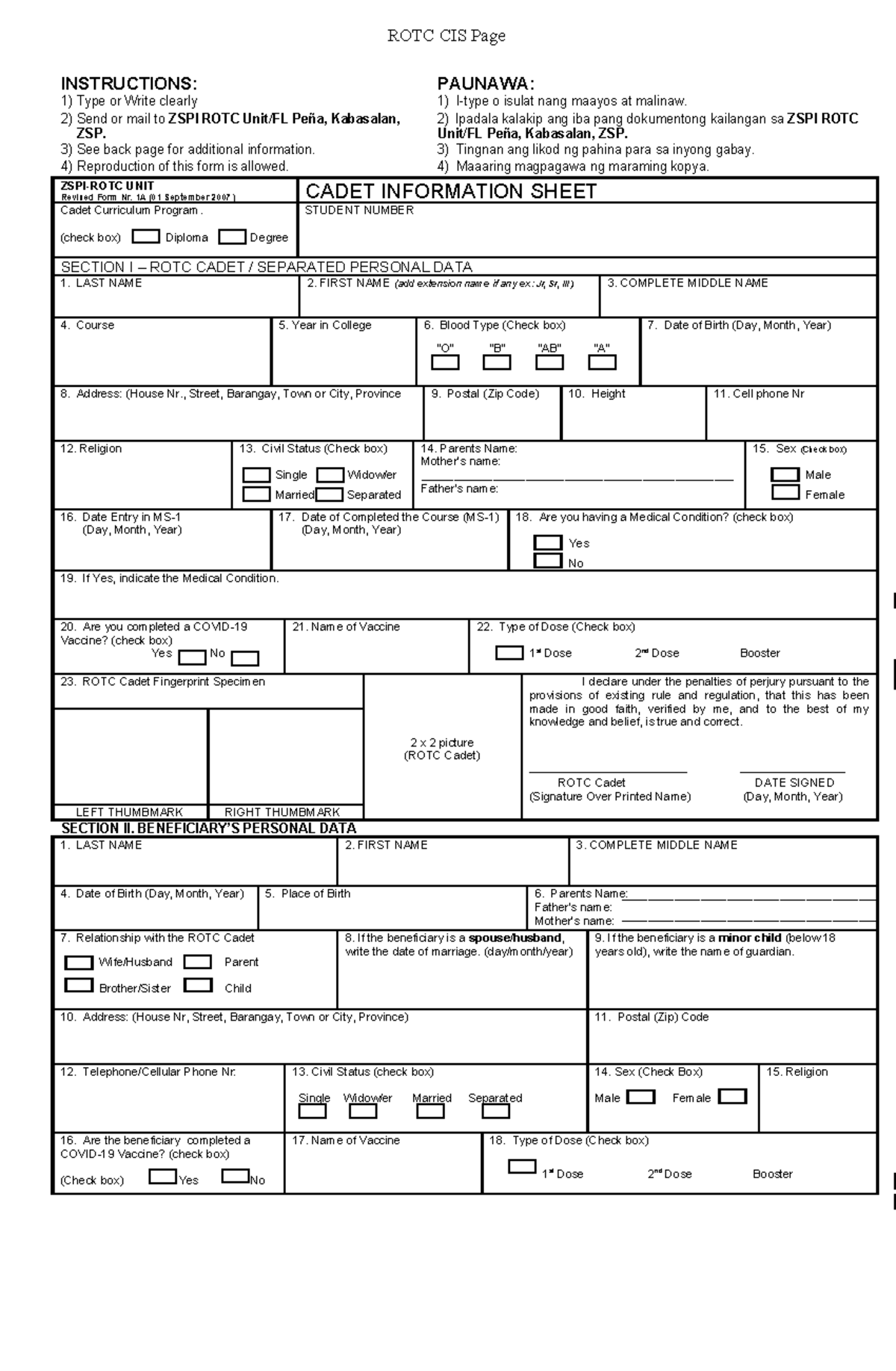 ROTC Cadet Enrollment Form - Revised Nr. 1A Instructions - Studocu