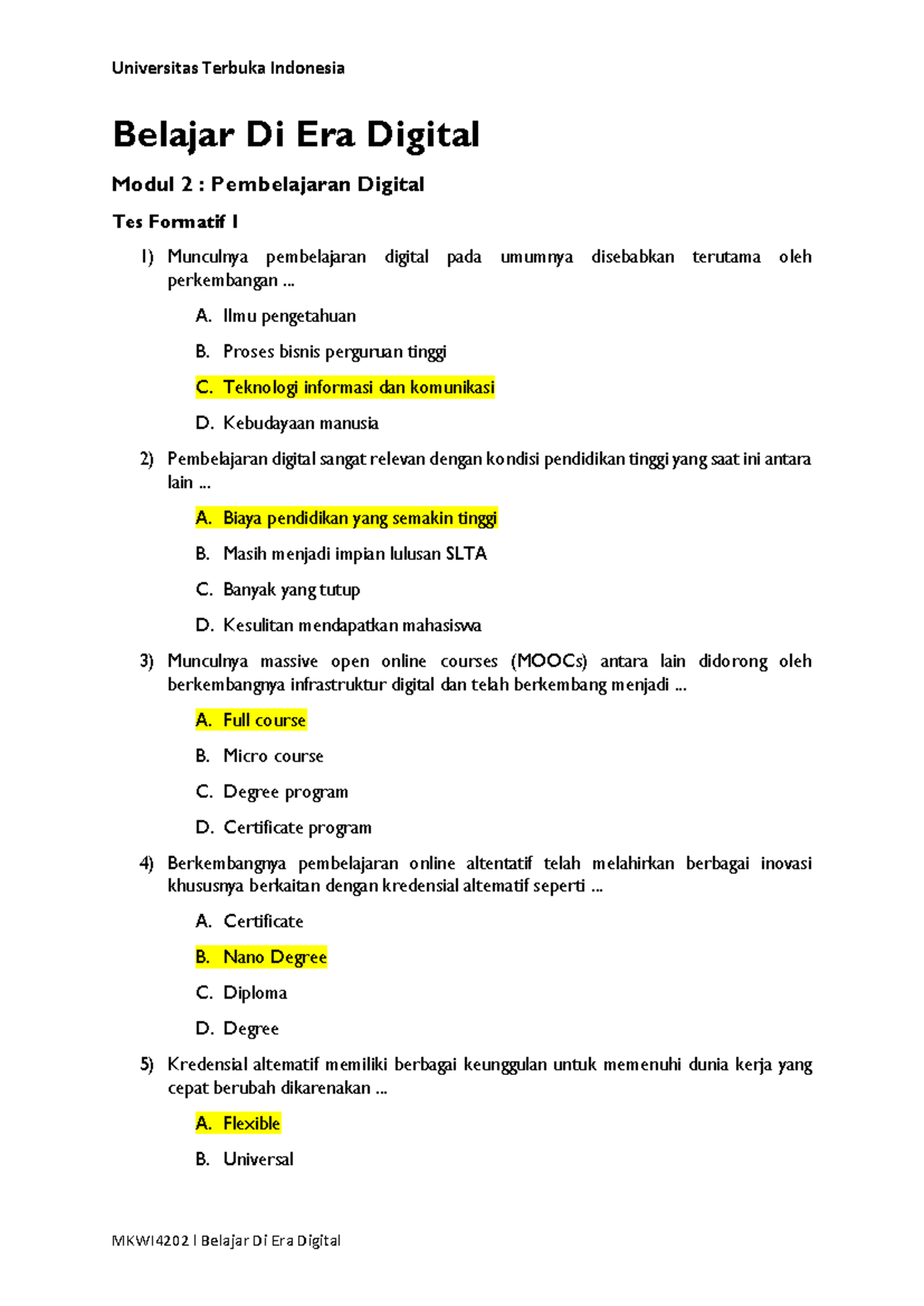Tes Formatif Mkwi 4202 Modul 2 Pembelajaran Digital Belajar Di Era