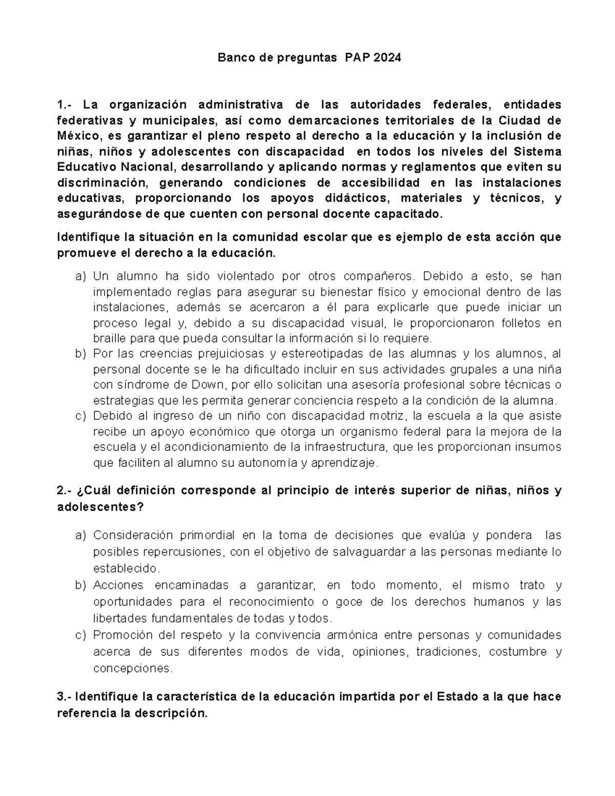Banco de Preguntas PAP 2024: Inclusión y Educación en México - Studocu
