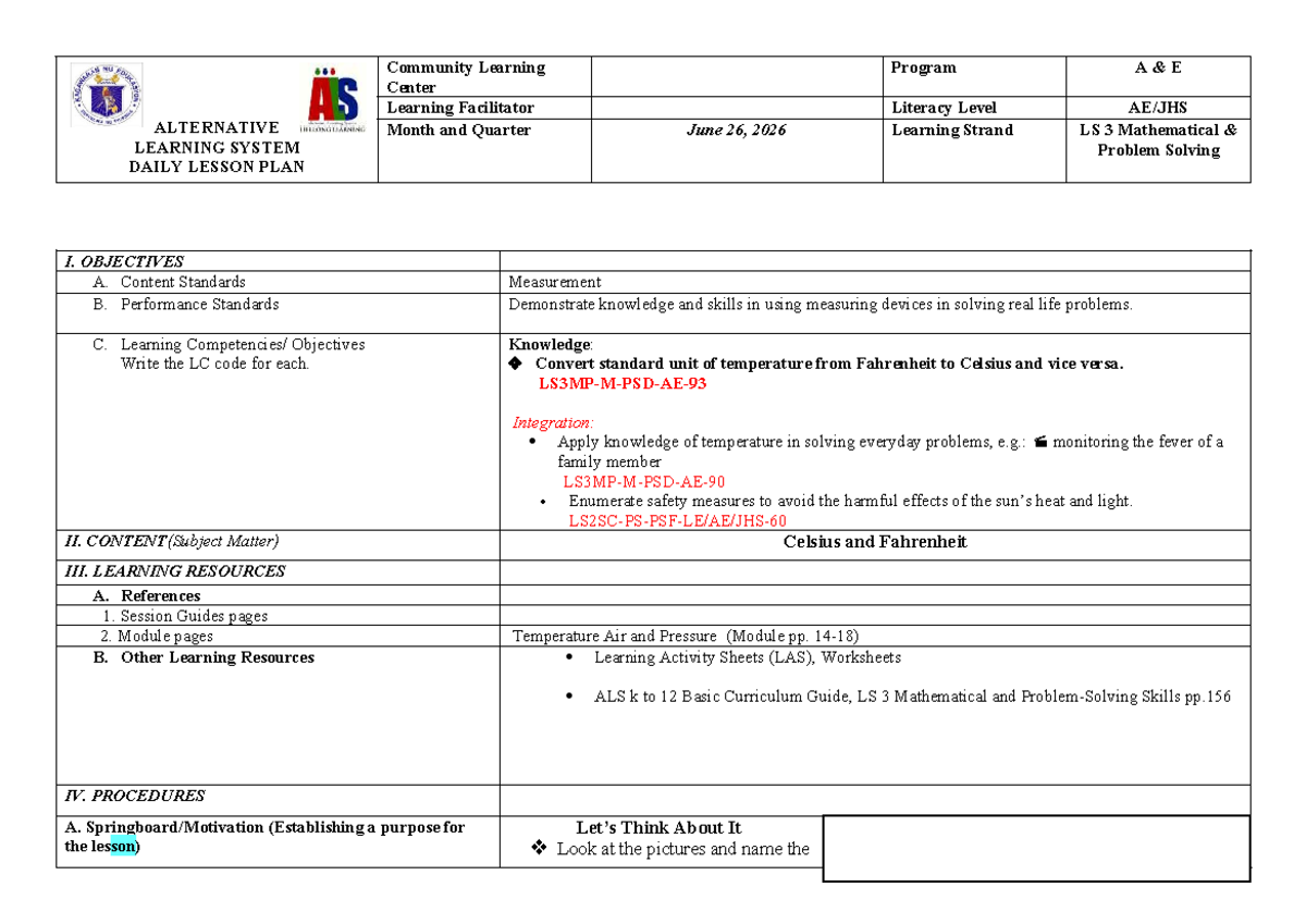 LS 3 Daily Lesson Plan: Celsius & Fahrenheit Measurement Techniques ...