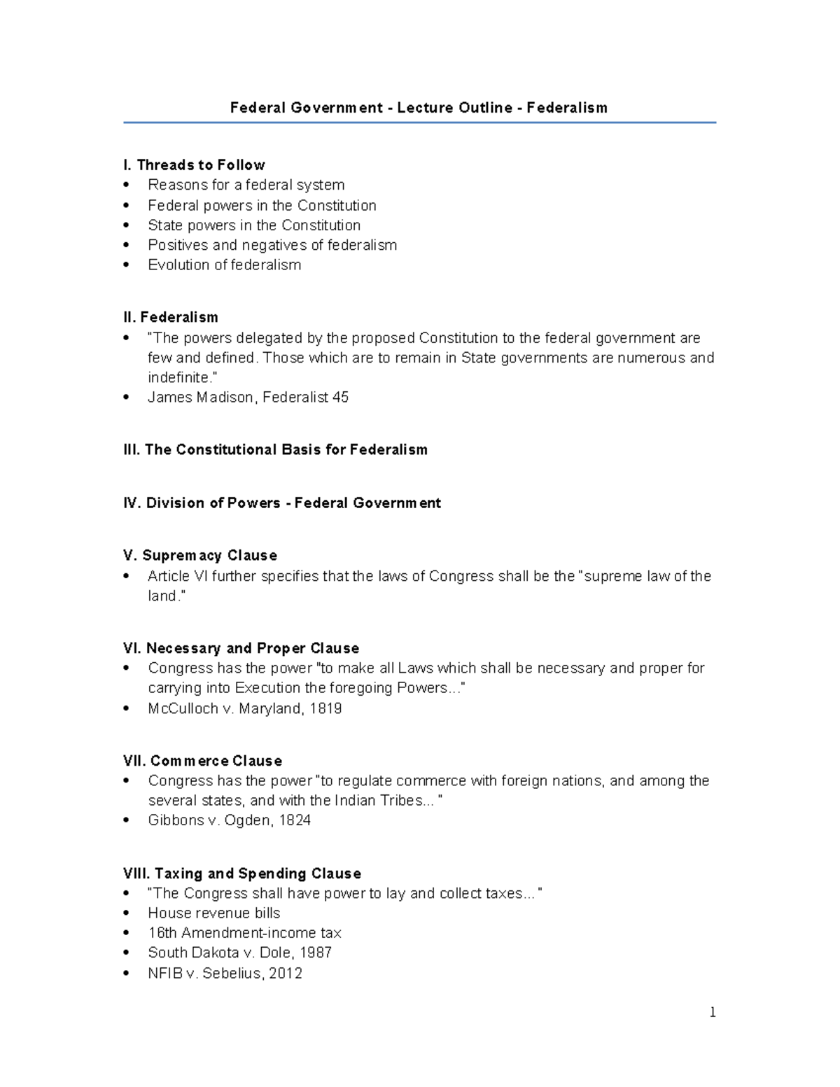 Federal Government Lecture Outline: Understanding Federalism (POL 101 ...