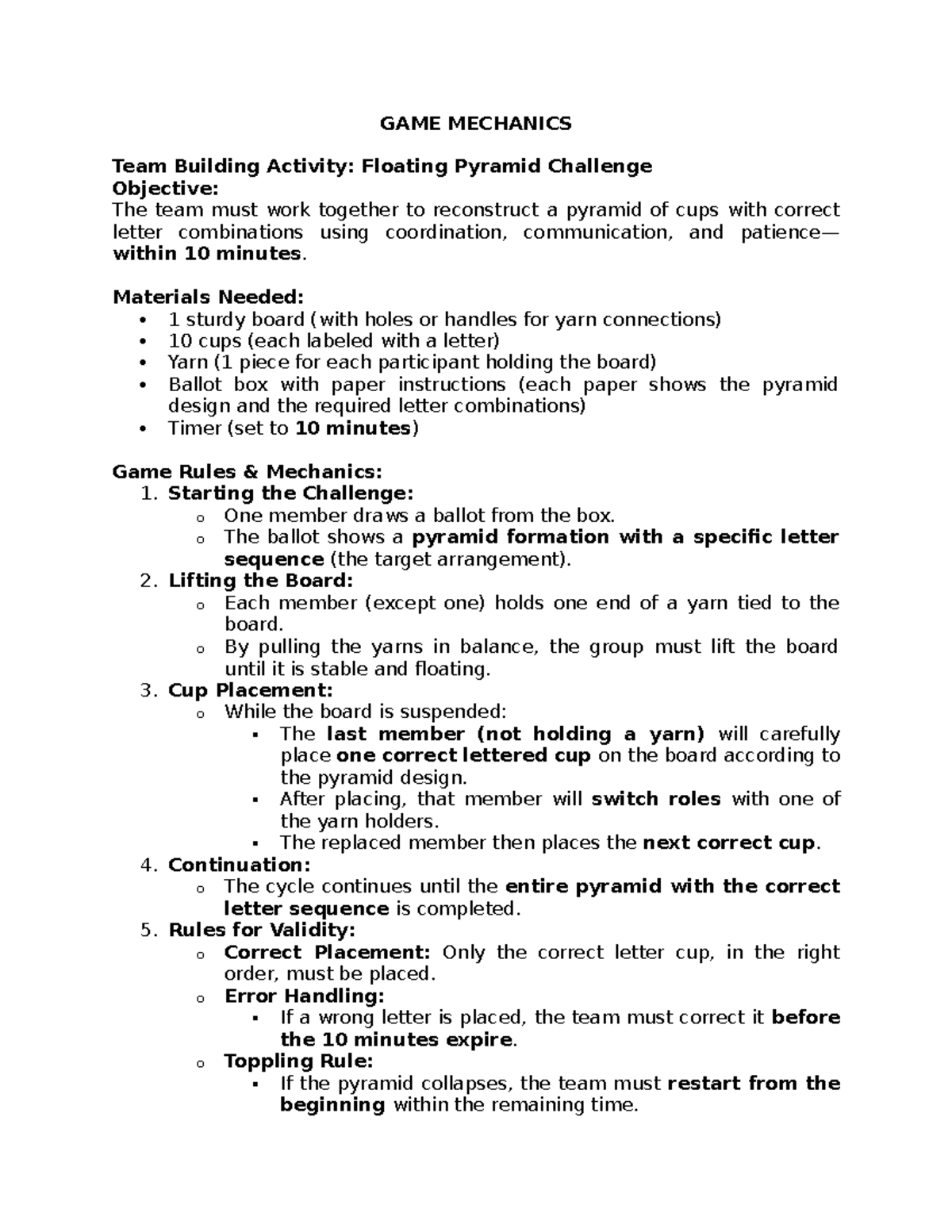 GAME MECHANICS Team Building: Floating Pyramid Challenge Guide - Studocu