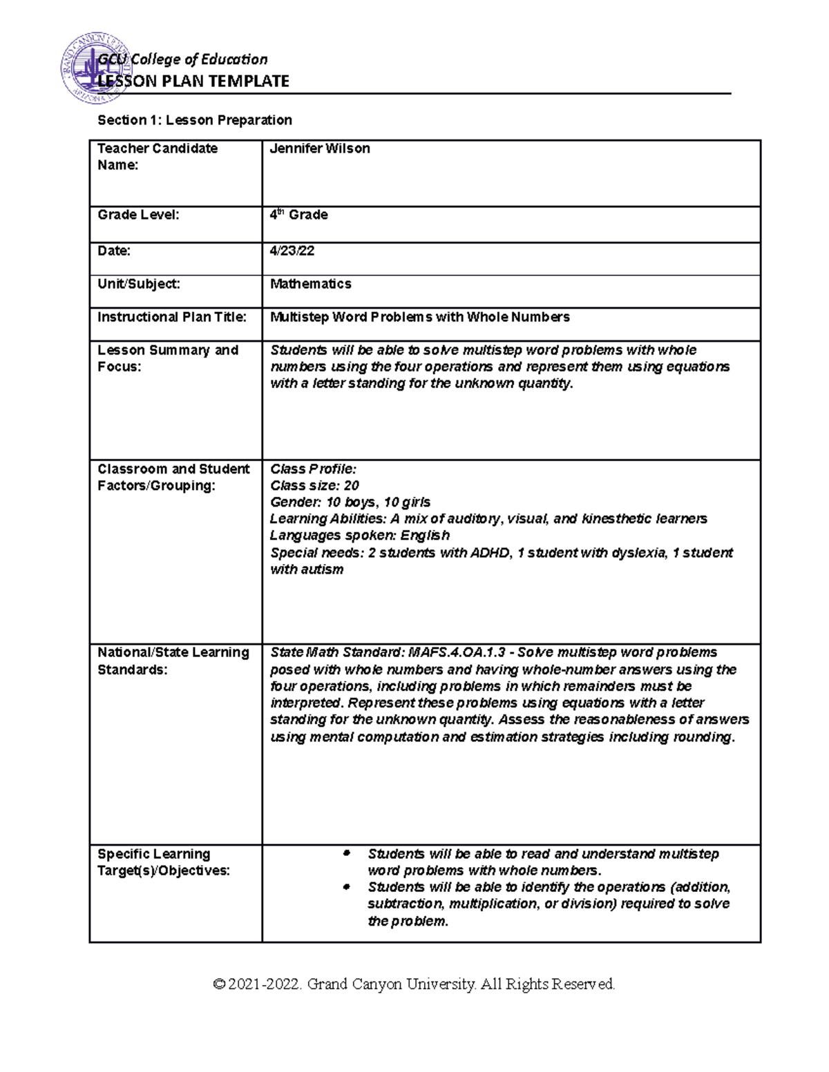 4th Grade Math Lesson Plan: Solving Multistep Word Problems - Studocu