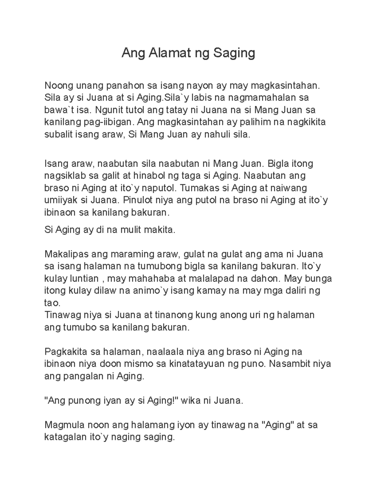 Alamat ng Saging: Kuwento ni Juana at Aging sa Nayon - Studocu