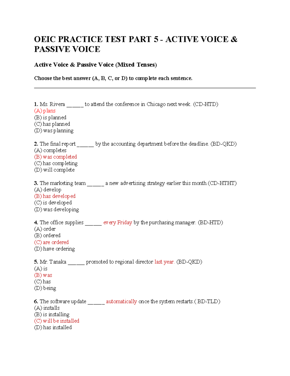 OEIC Practice Test Part 5: Active & Passive Voice Exercises - Studocu