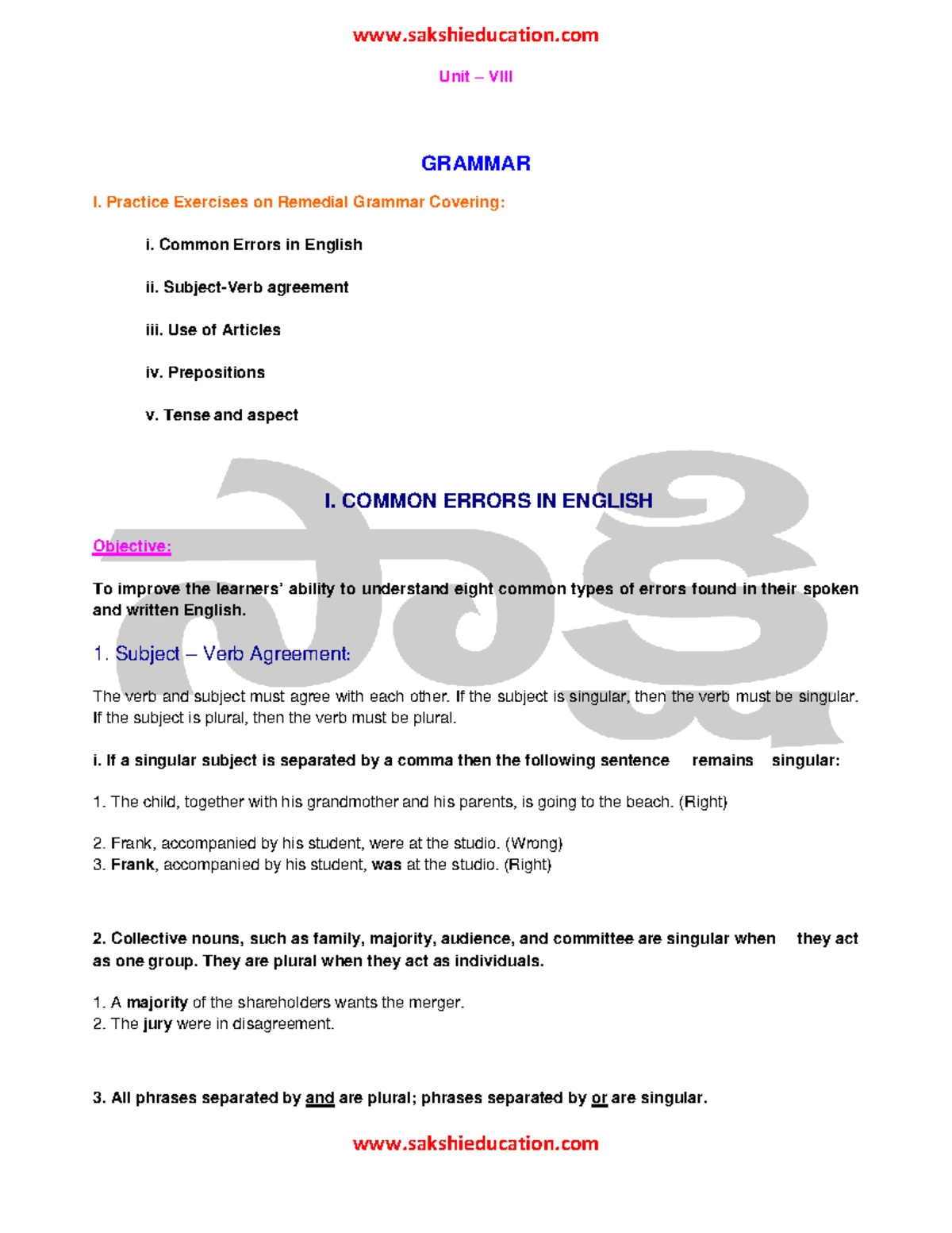 English- Grammar - .... - Unit – VIII GRAMMAR I. Practice Exercises on ...